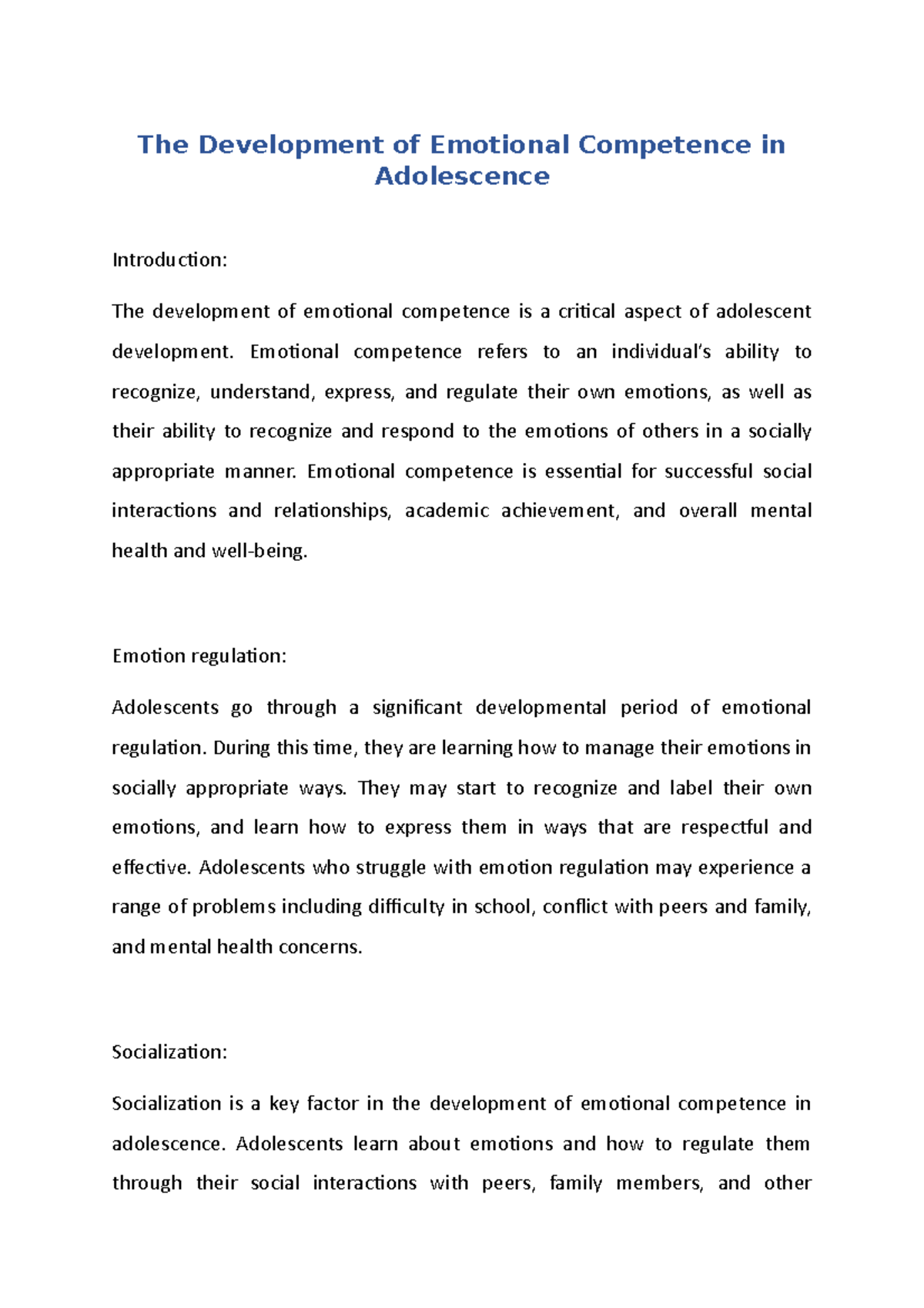 The Development of Emotional Competence in Adolescence - The ...