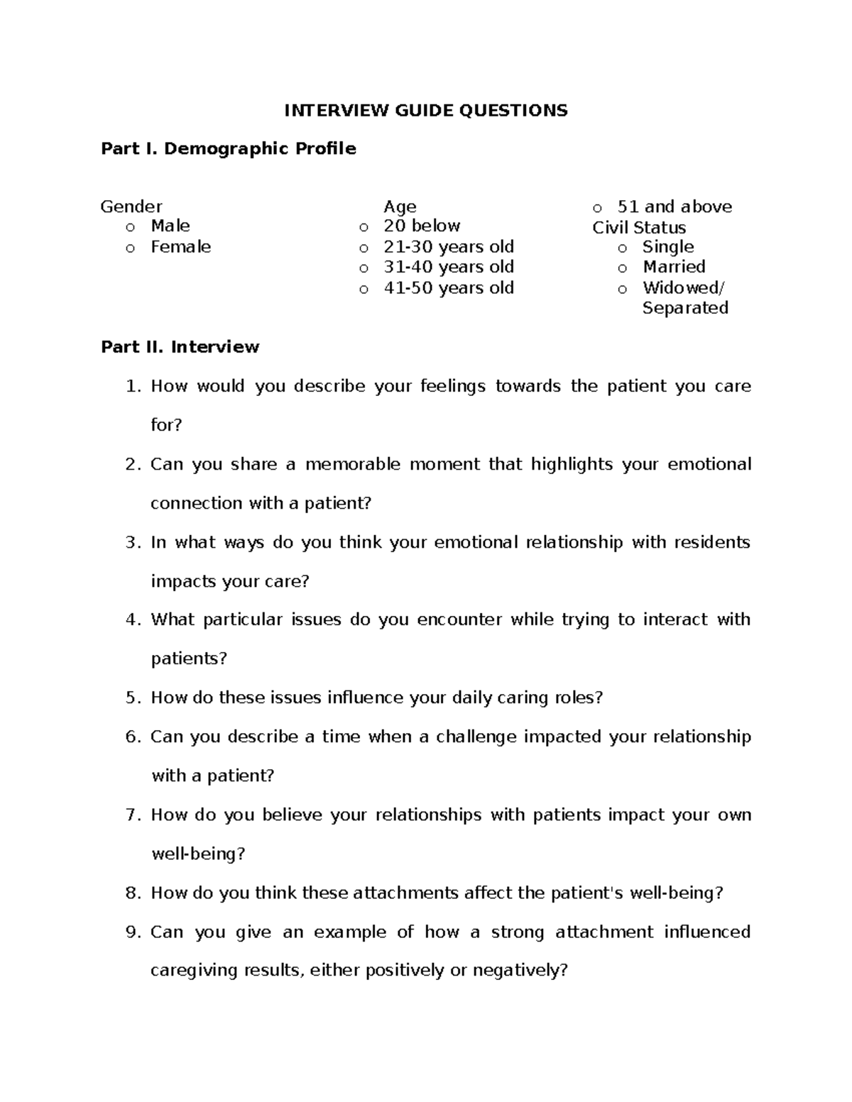 Interview Guide Questions 2 - INTERVIEW GUIDE QUESTIONS Part I ...