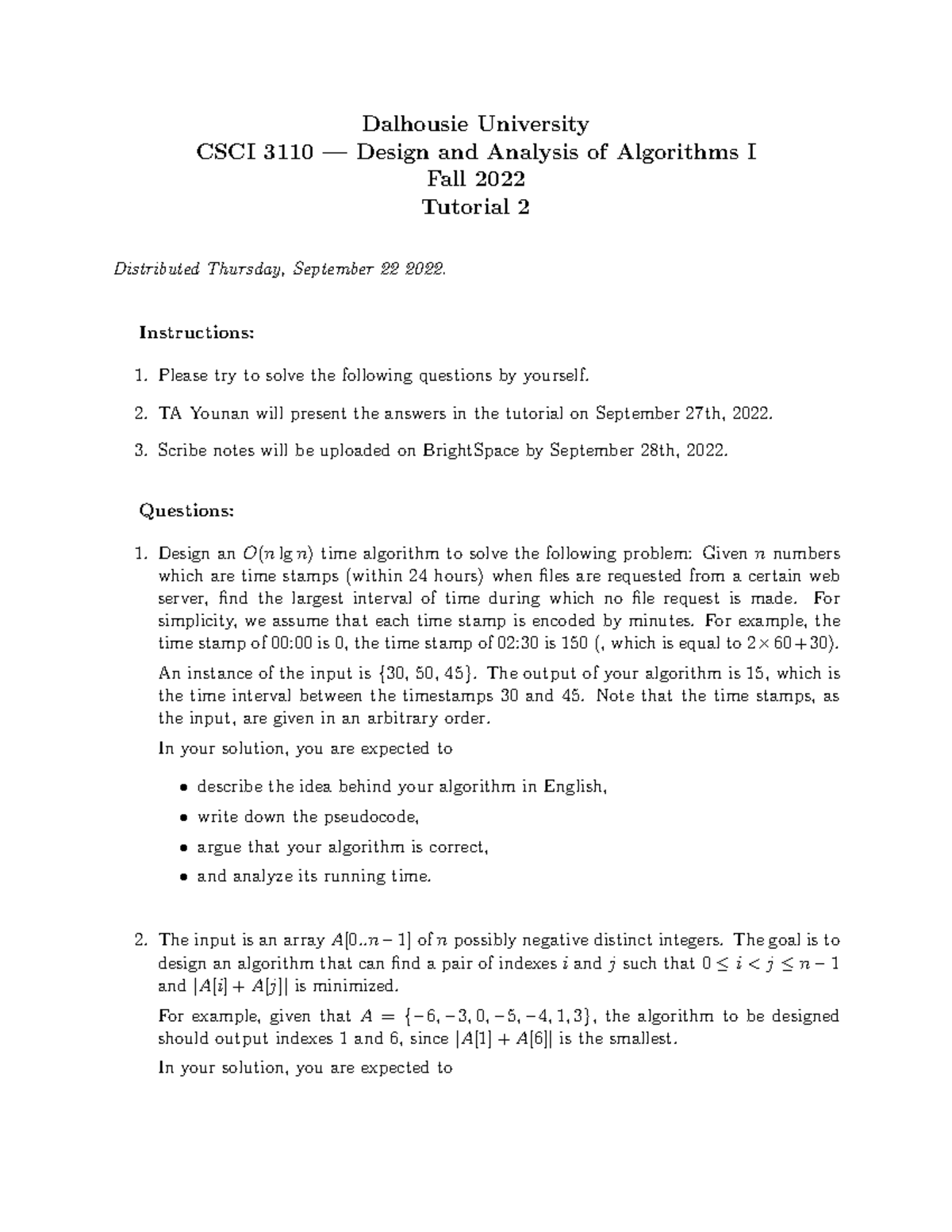 Questions for tutorial-2 - Dalhousie University CSCI 3110 — Design and Analysis of Algorithms I ...