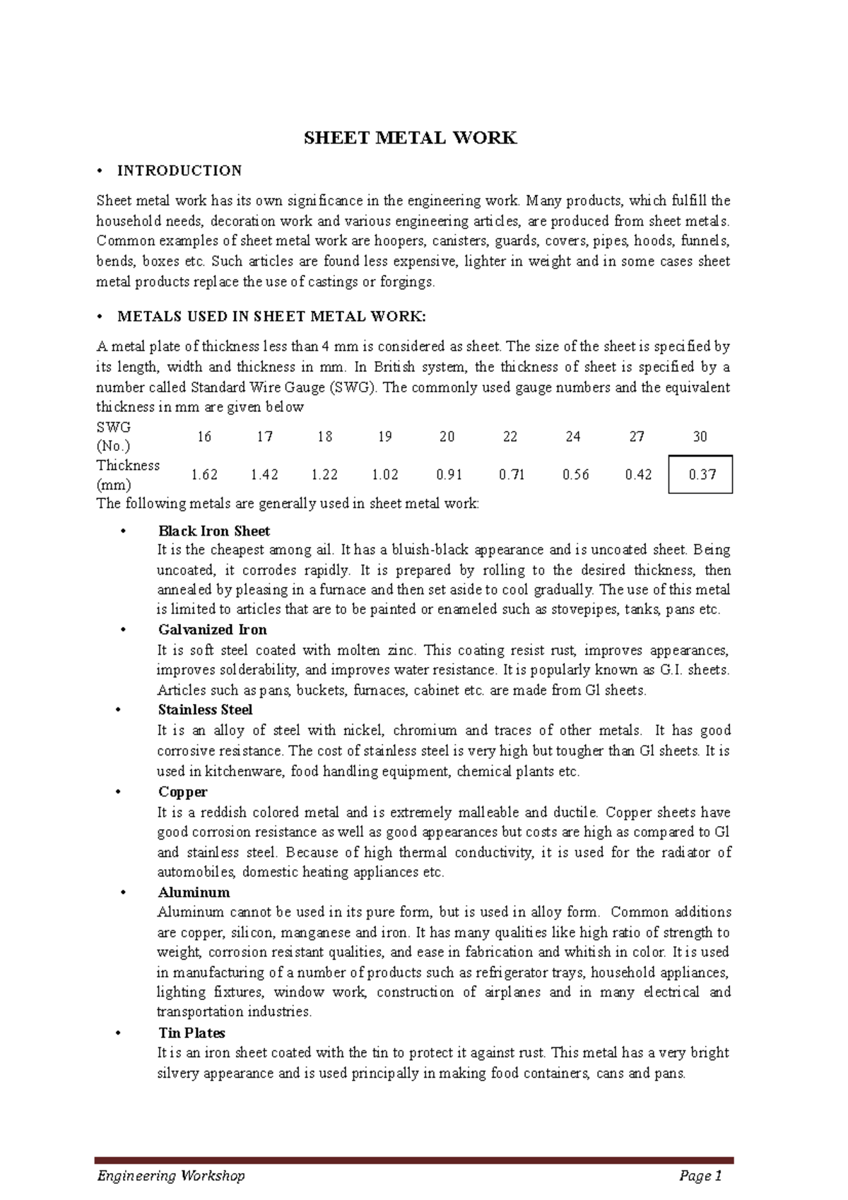 Unit 4 - Sheet Metal WORK - Engineering Workshop Page 1 • INTRODUCTION ...