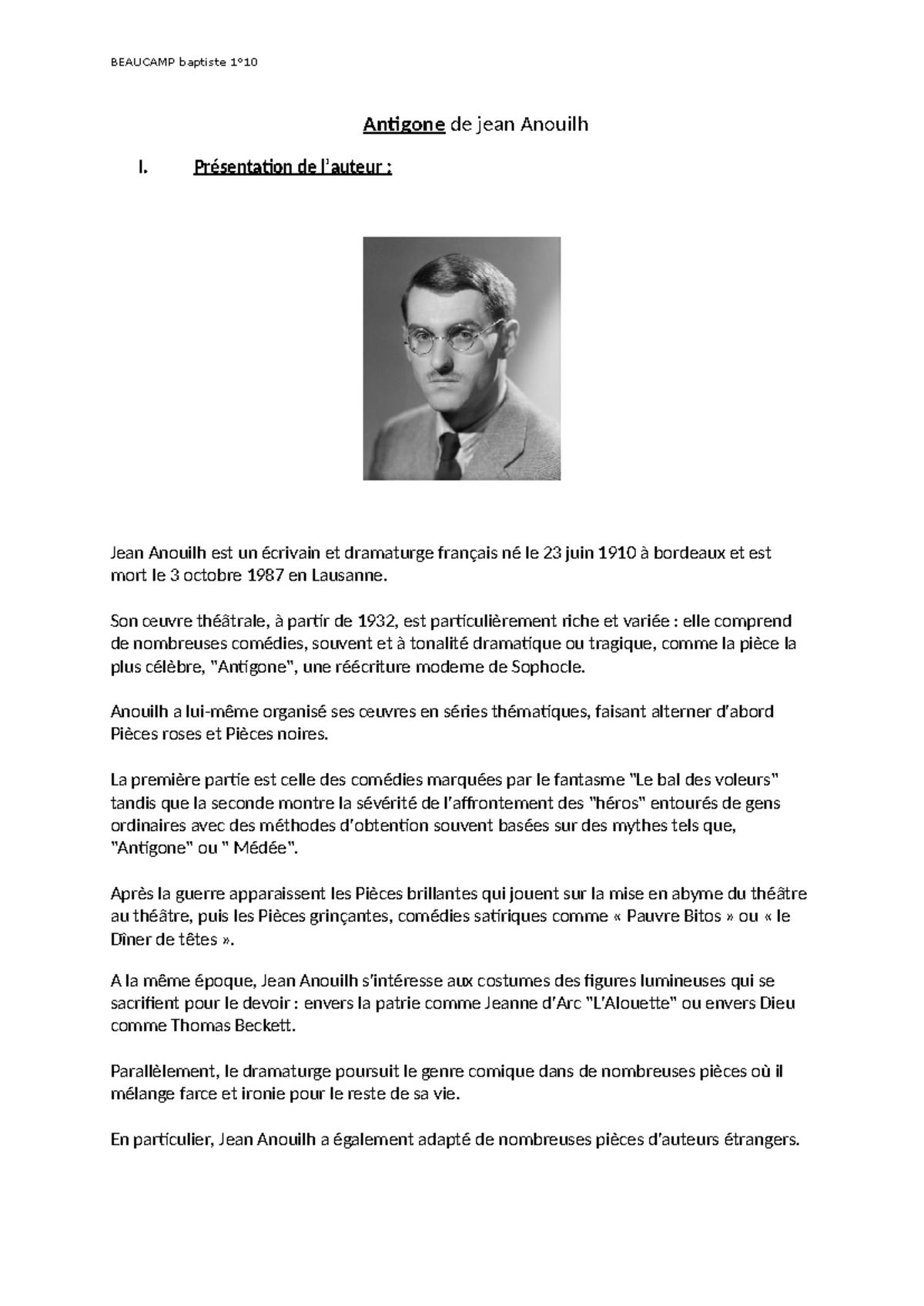 Antigone de anouihl - fiche de lecture - Antigone de jean Anouilh I. Présentation de l’auteur ...