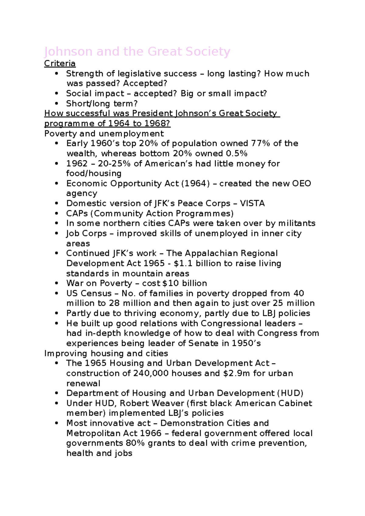 Johnson and the Great Society - Johnson and the Great Society Criteria ...