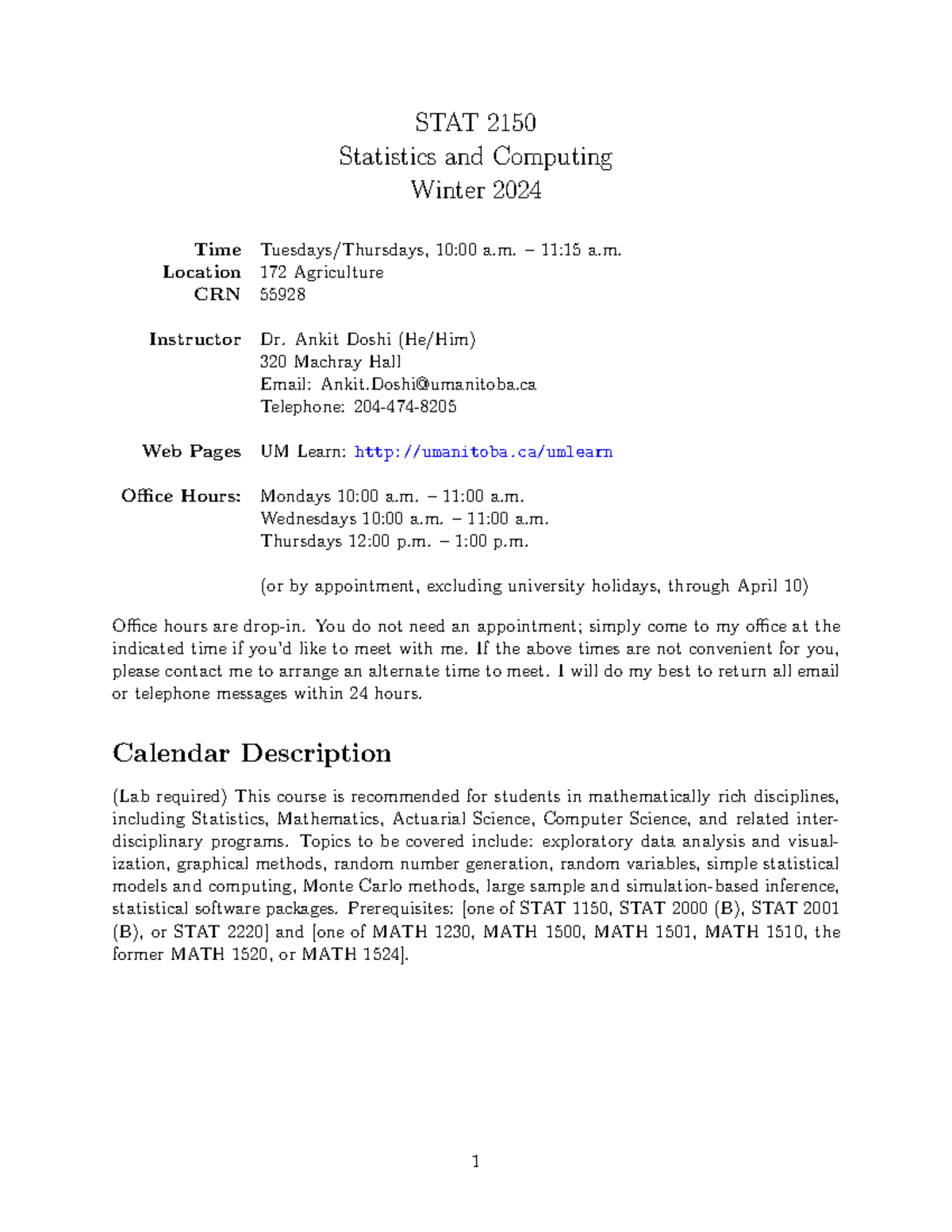STAT 2150 Syllabus Winter 2024 - STAT 2150 Statistics and Computing Winter 2024 Time - Studocu
