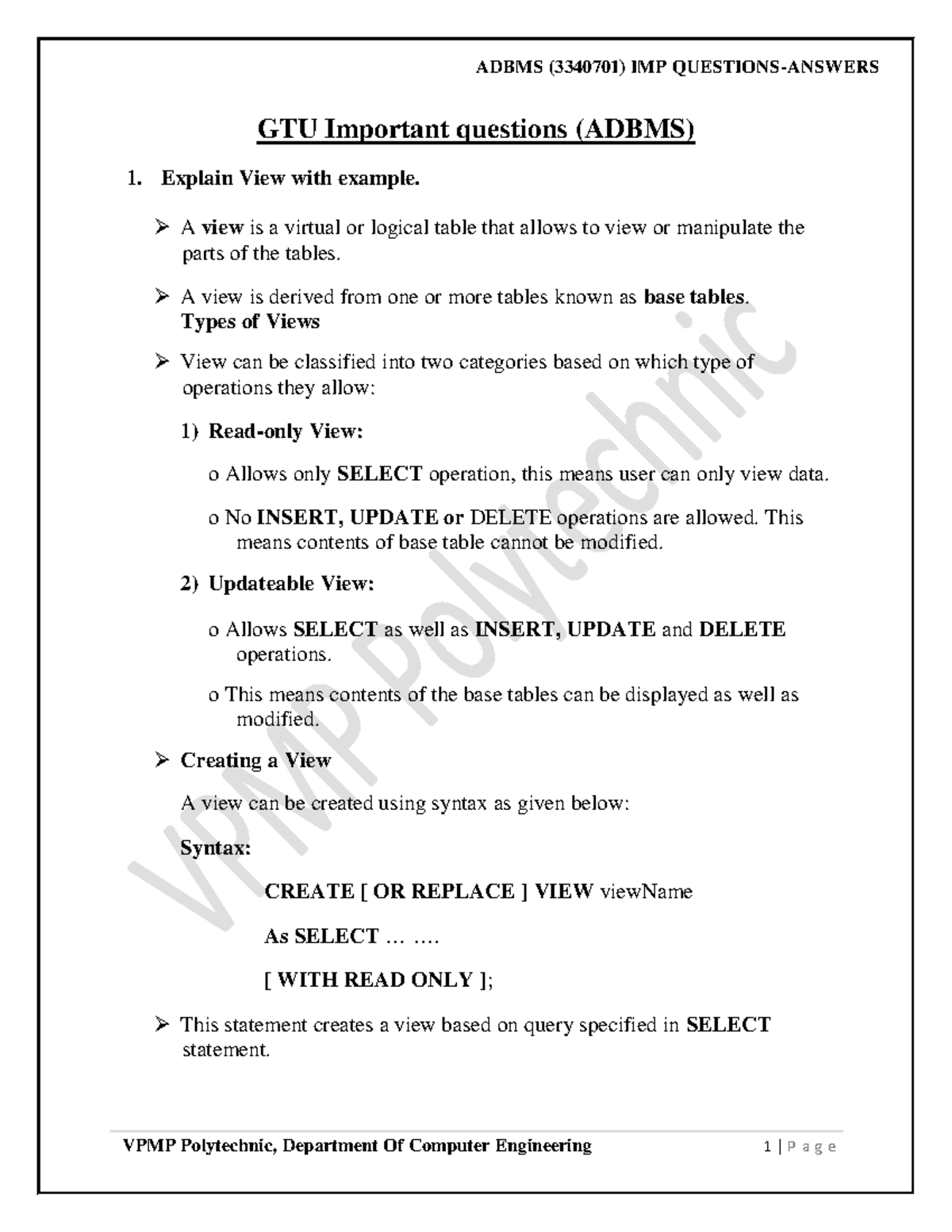 Adbms-IMP QUES - good - GTU Important questions (ADBMS) 1. Explain View with example. A view is ...