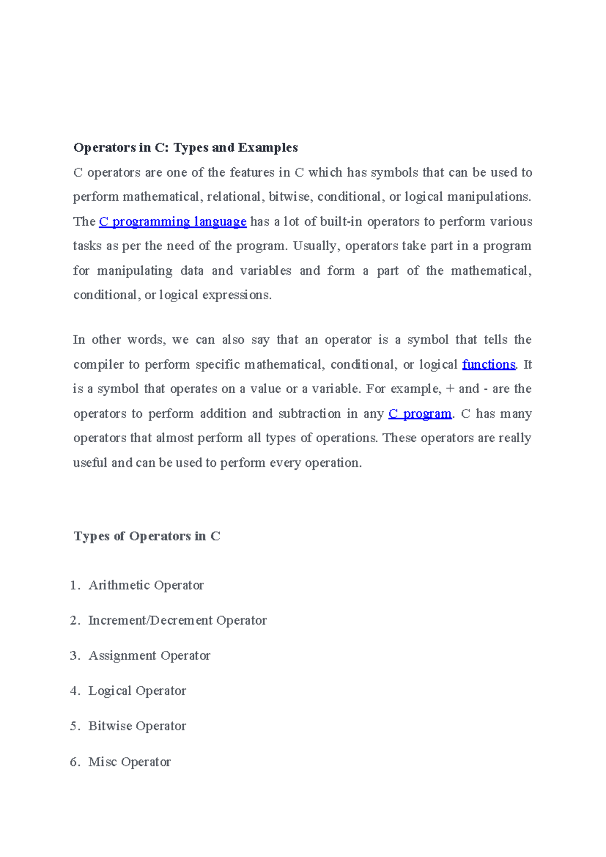 Operators in C - The C programming language has a lot of built-in ...