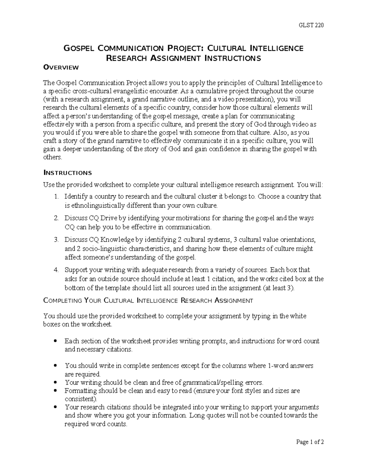 Gospel Communication Project Cultural Intelligence Research Assignment ...