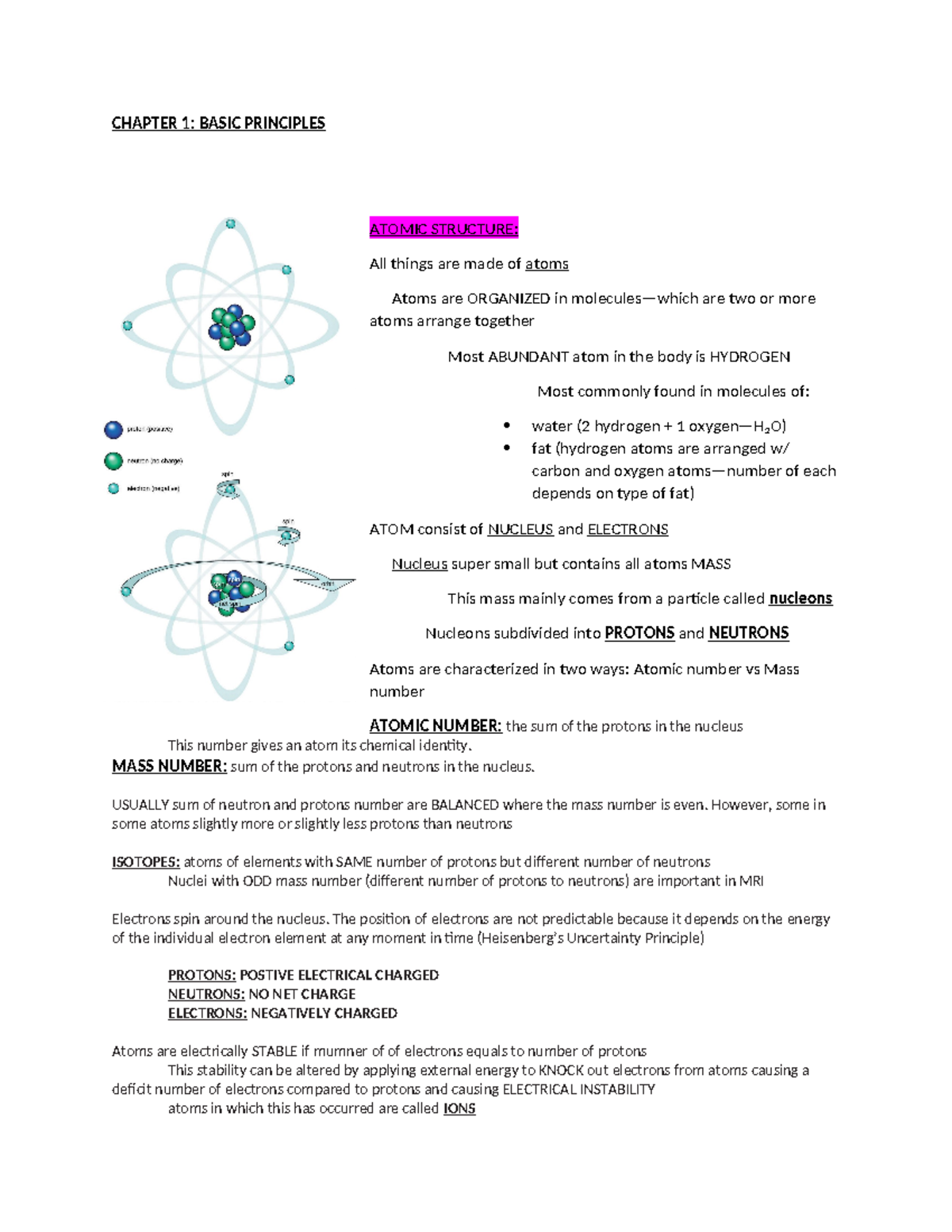 Chapter 1 - CHAPTER 1: BASIC PRINCIPLES ATOMIC STRUCTURE: All things ...