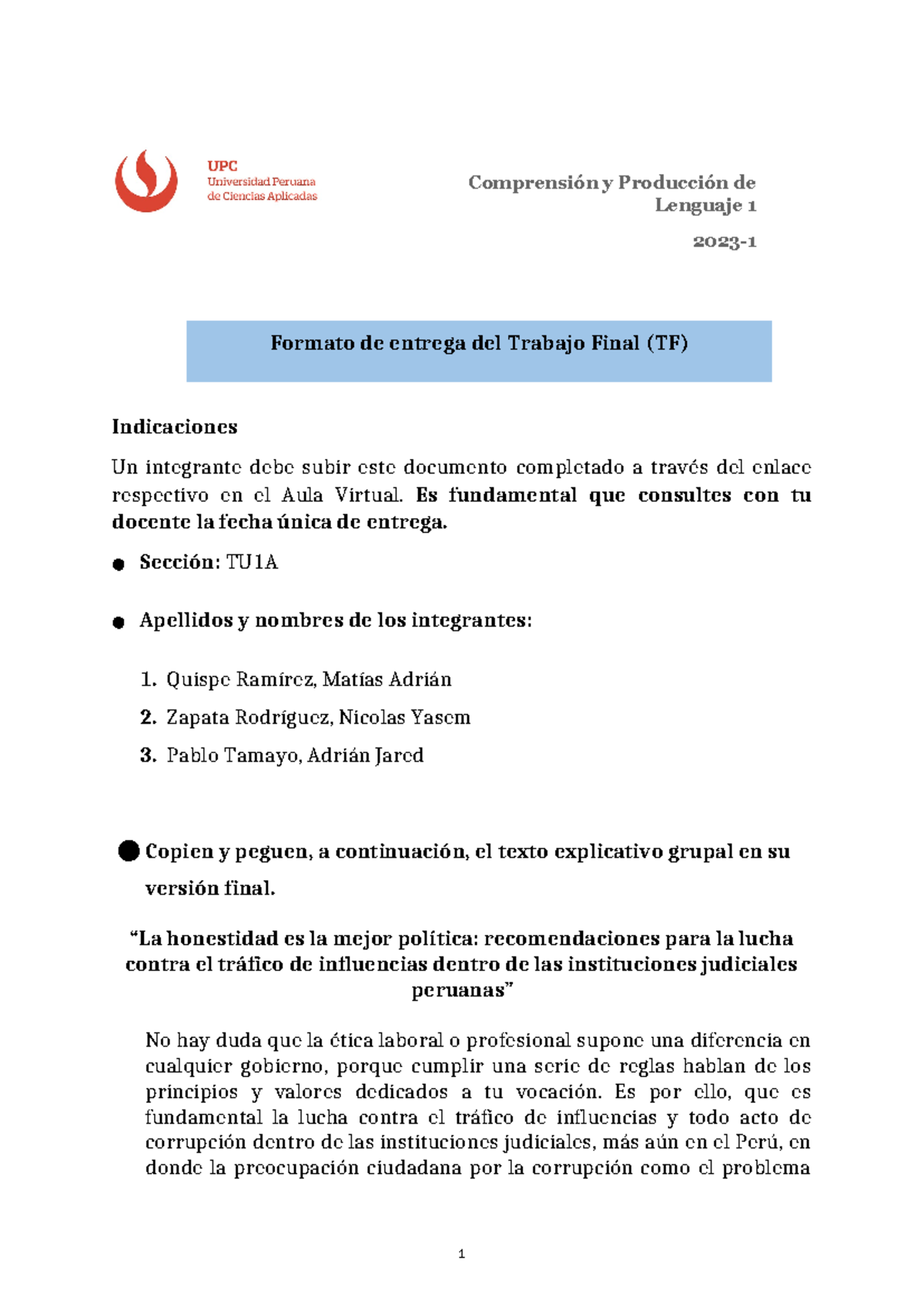 TF Grupo 8 TU1A - TF CPL1 - Comprensión y Producción de Lenguaje 1 2023- Formato de entrega del ...