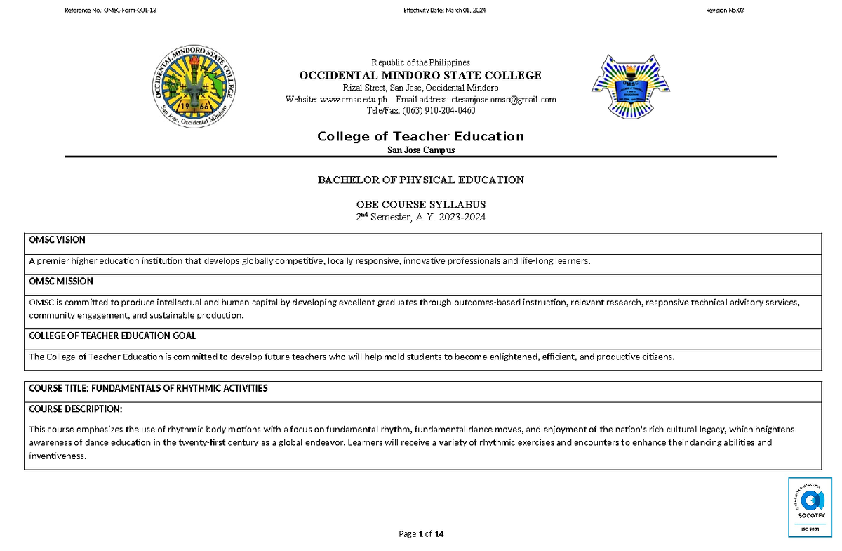 PE-2-OMSC-Form-COL-13-OBE-Syllabus Rev - Republic of the Philippines ...