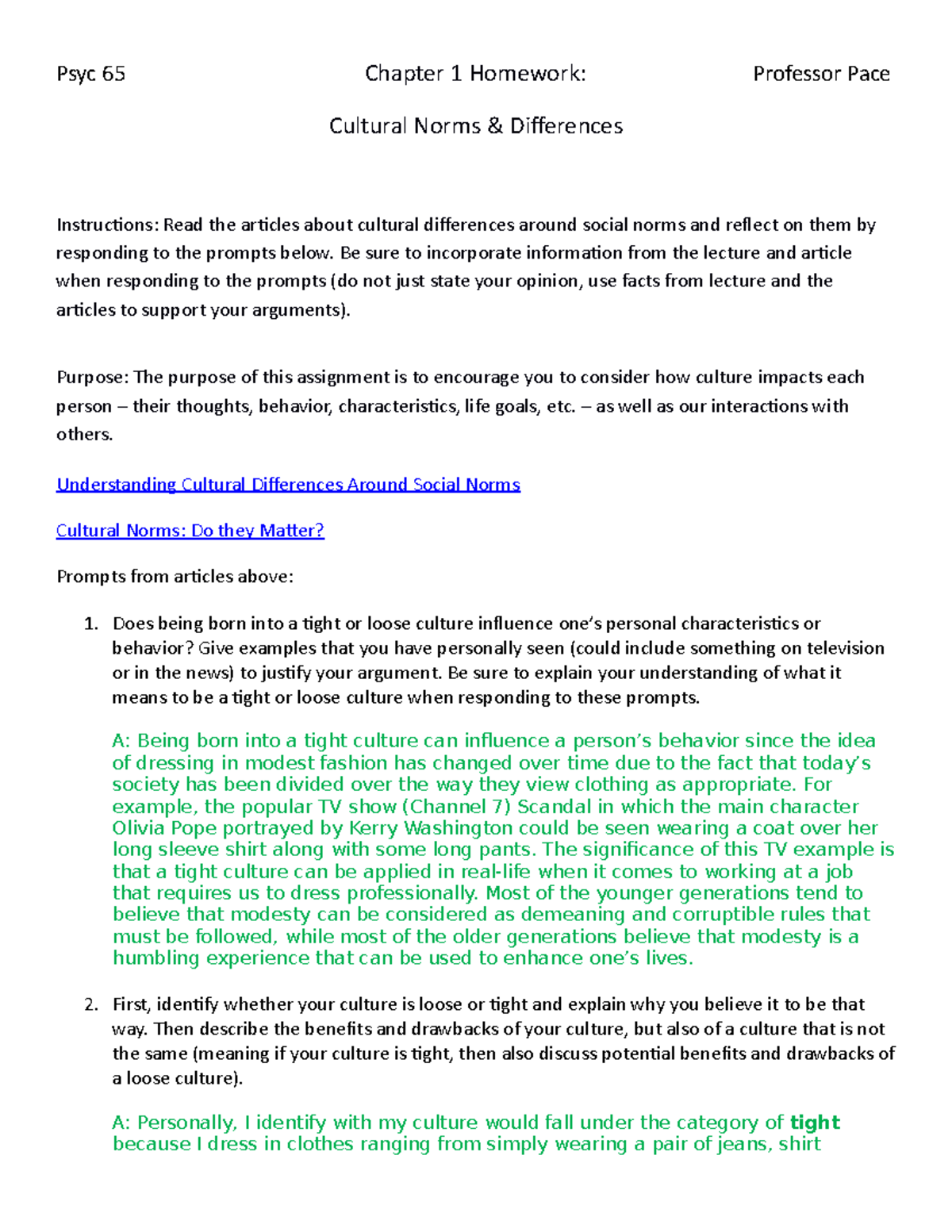 Chapter 1 Homework - Cultural Norms and Differences - Psyc 65 Chapter 1 ...
