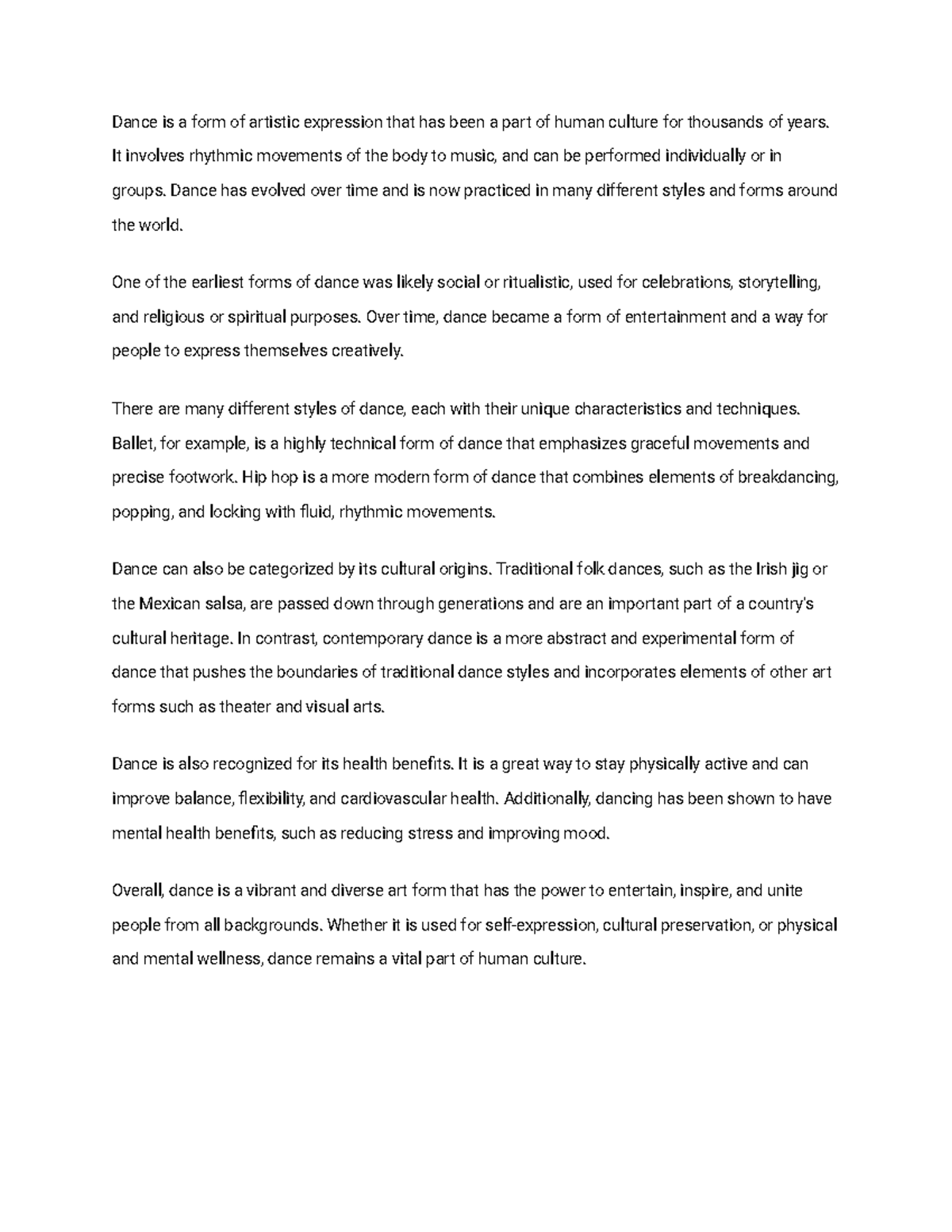 Dance - It involves rhythmic movements of the body to music, and can be ...