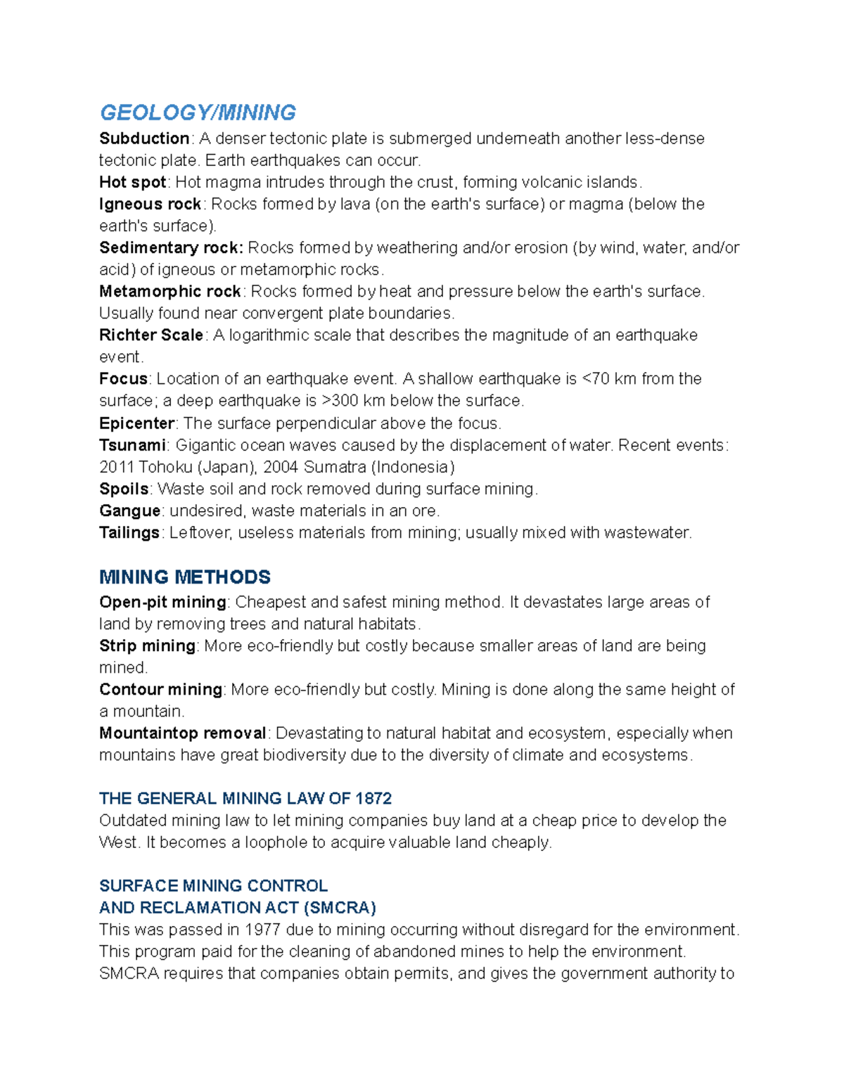 Geology and Mining Notes - GEOLOGY/MINING Subduction: A denser tectonic ...