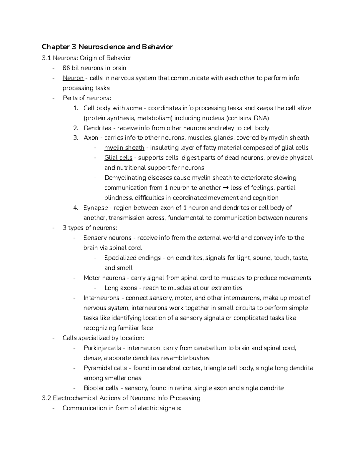 Psych 1100 chapter 3 textbook notes - Chapter 3 Neuroscience and ...