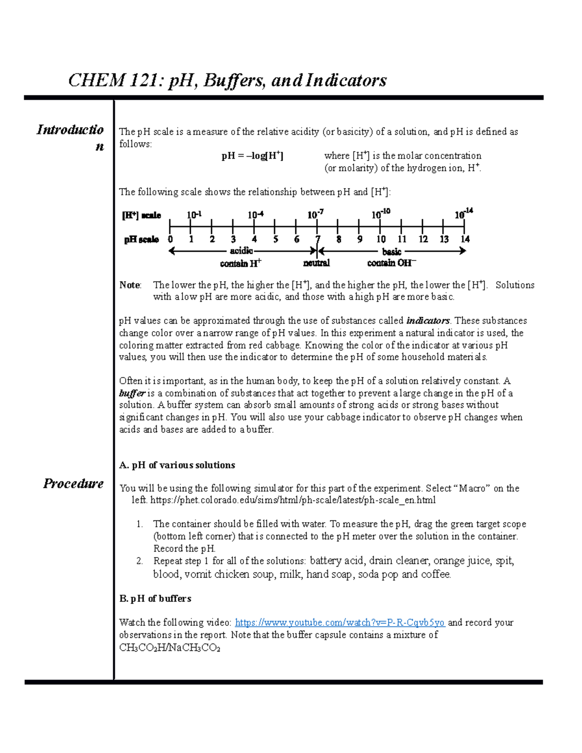 CHEM 121 Lab - p H and Buffers - CHEM 121: pH, Buffers, and Indicators ...