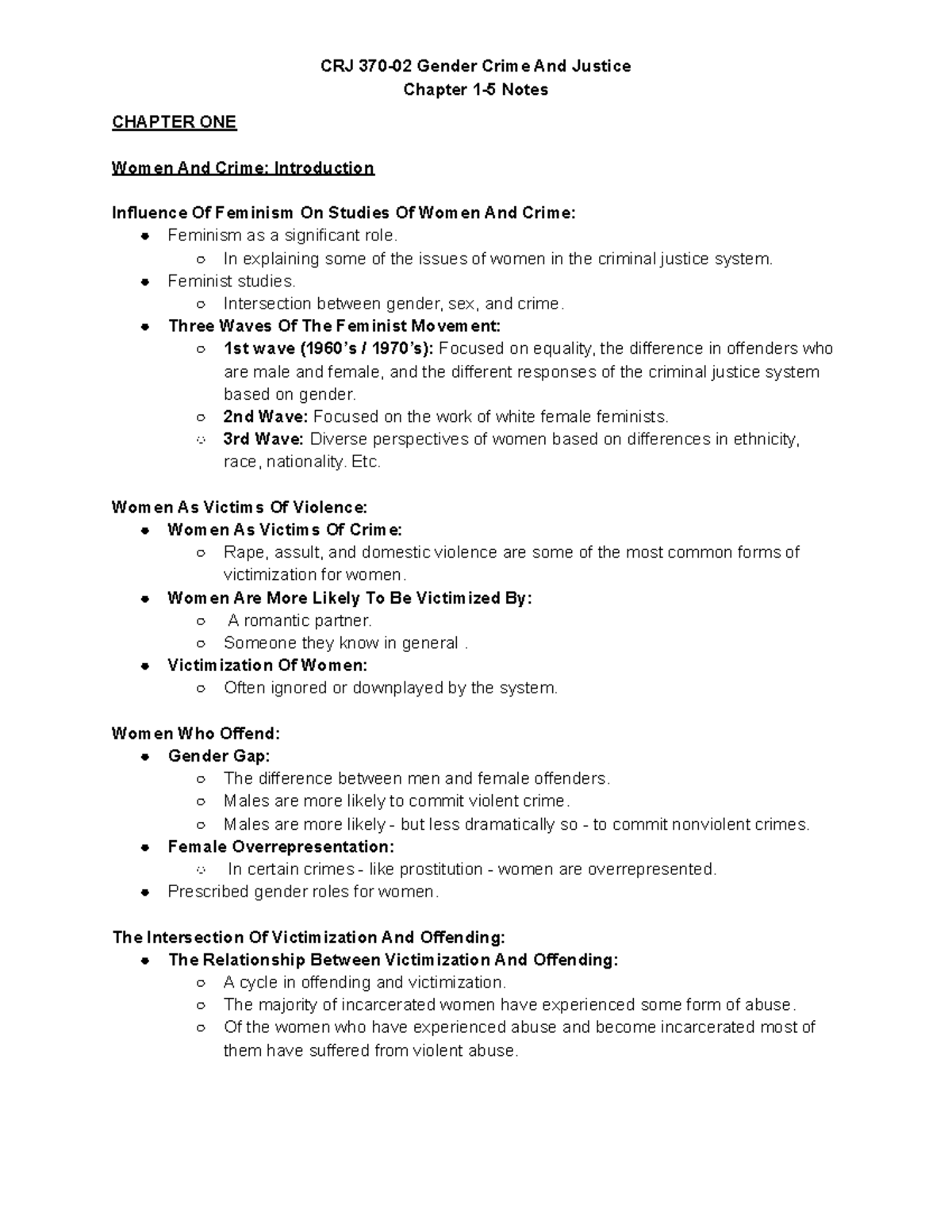 CRJ 370 ch. 1-5 notes - Chapter 1-5 Notes CHAPTER ONE Women And Crime ...
