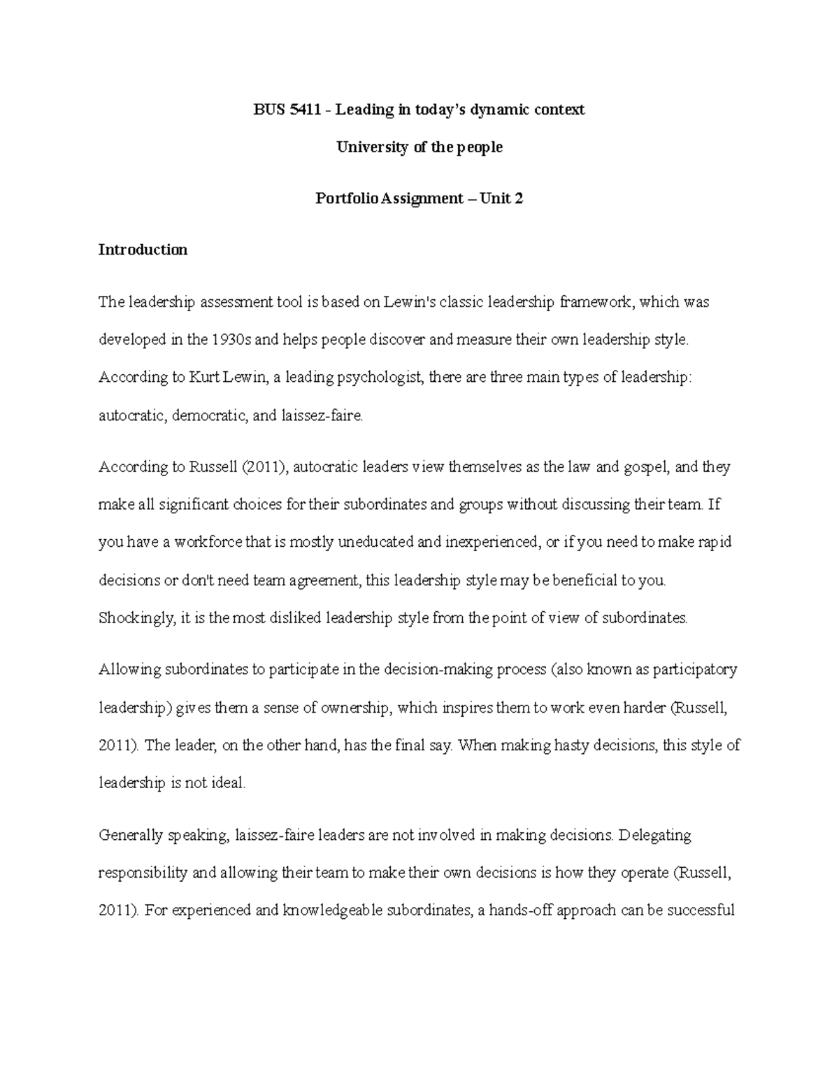 BUS 5411- Portfolio assignment unit 2 - BUS 5411 - Leading in today’s ...