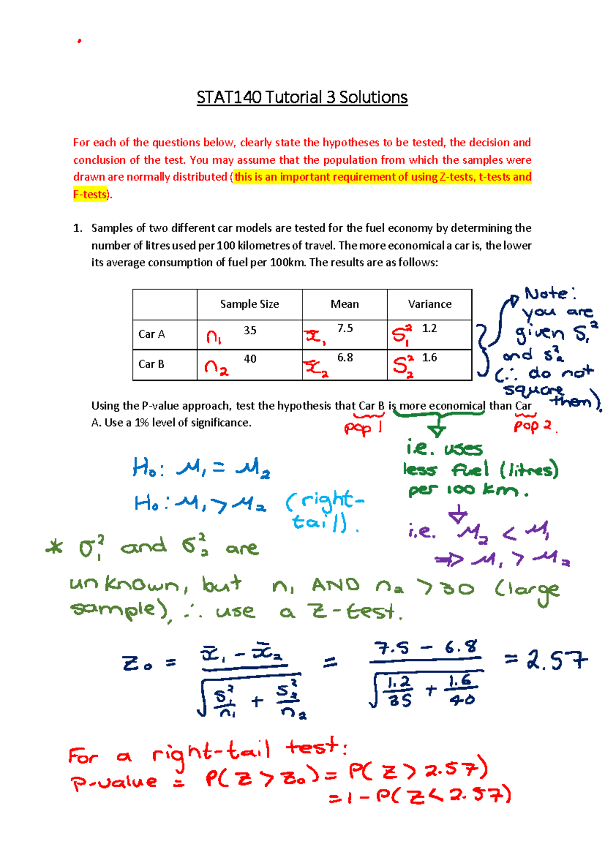 Tutorial 3 Solutions - STAT140 Tutorial 3 Solutions For each of the questions below, clearly ...