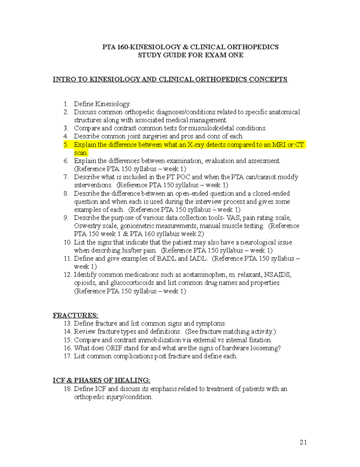Study guide Exam 1 - PTA 160-KINESIOLOGY & CLINICAL ORTHOPEDICS STUDY ...