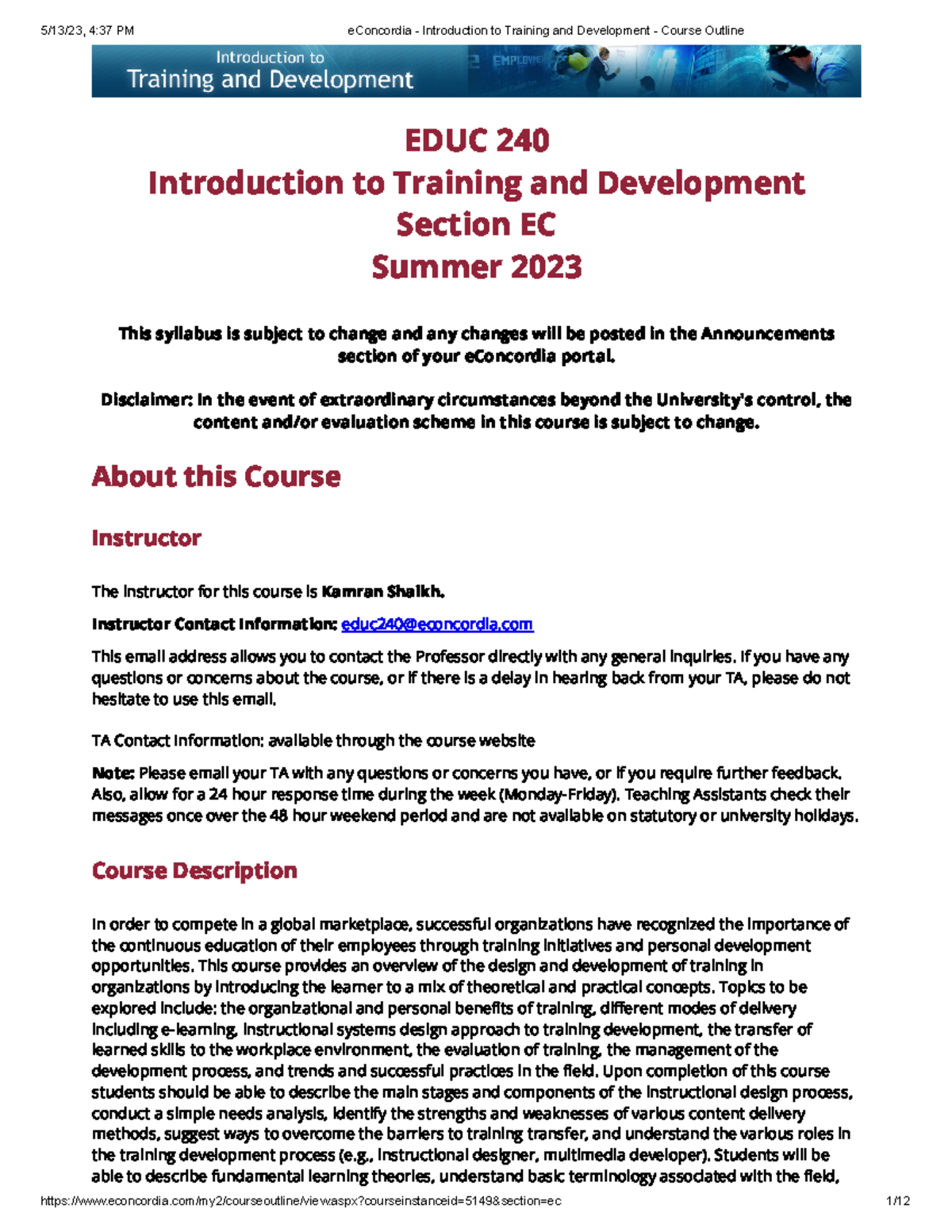 EDUC 240 e Concordia - Introduction to Training and Development ...