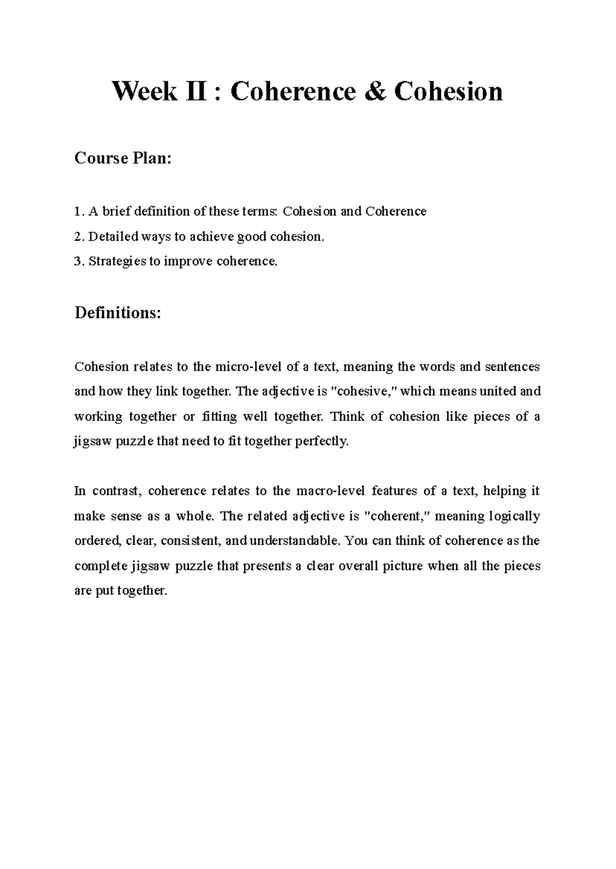 Cohesion - exercise sheet - Week II : Coherence & Cohesion Course Plan ...