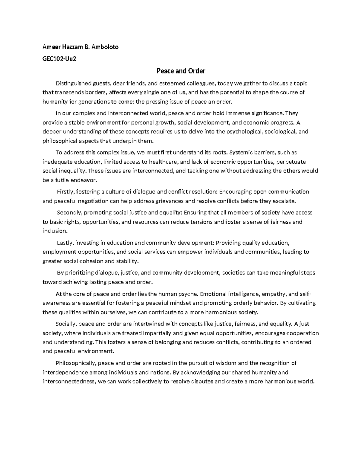 Amboloto, Speech about Peace AND Order - Ameer Hazzam B. Amboloto ...