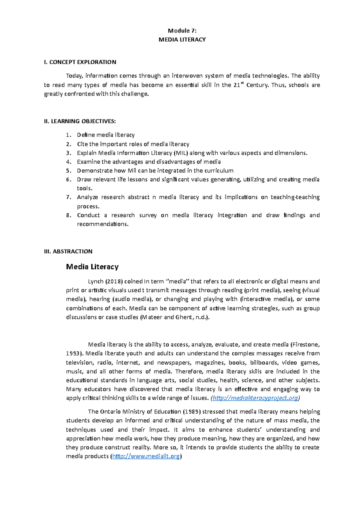 Module-7 - module - Module 7: MEDIA LITERACY I. CONCEPT EXPLORATION ...