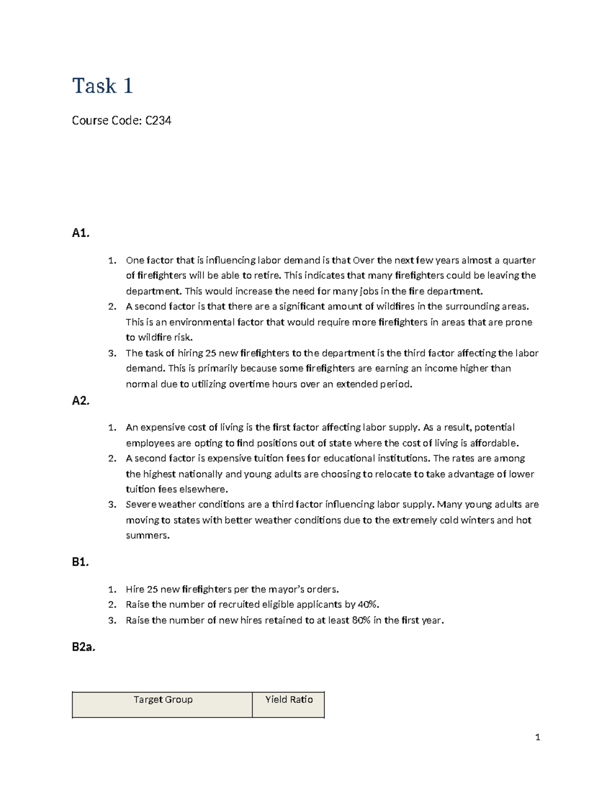 C234 Task 1 Assignment - Task 1 Course Code: C A1. 1. One factor that ...
