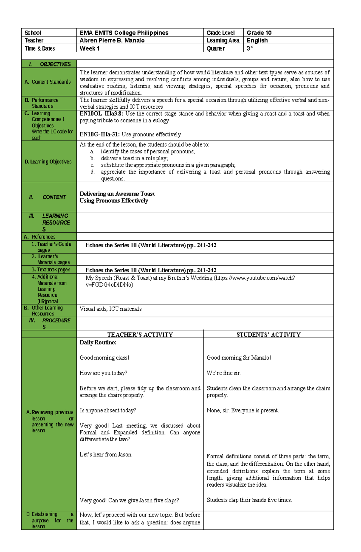DLP grade 10 english 1 - Lesson Plan - School EMA EMITS College ...