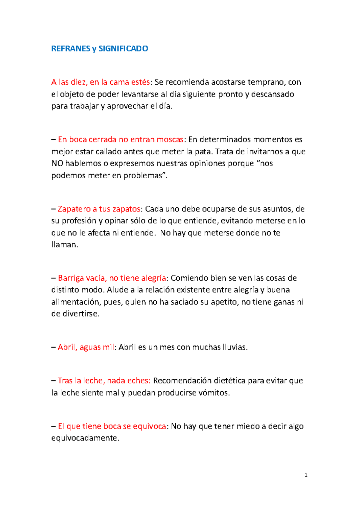 Refranes Escritos - REFRANES y SIGNIFICADO A las diez, en la cama estés ...