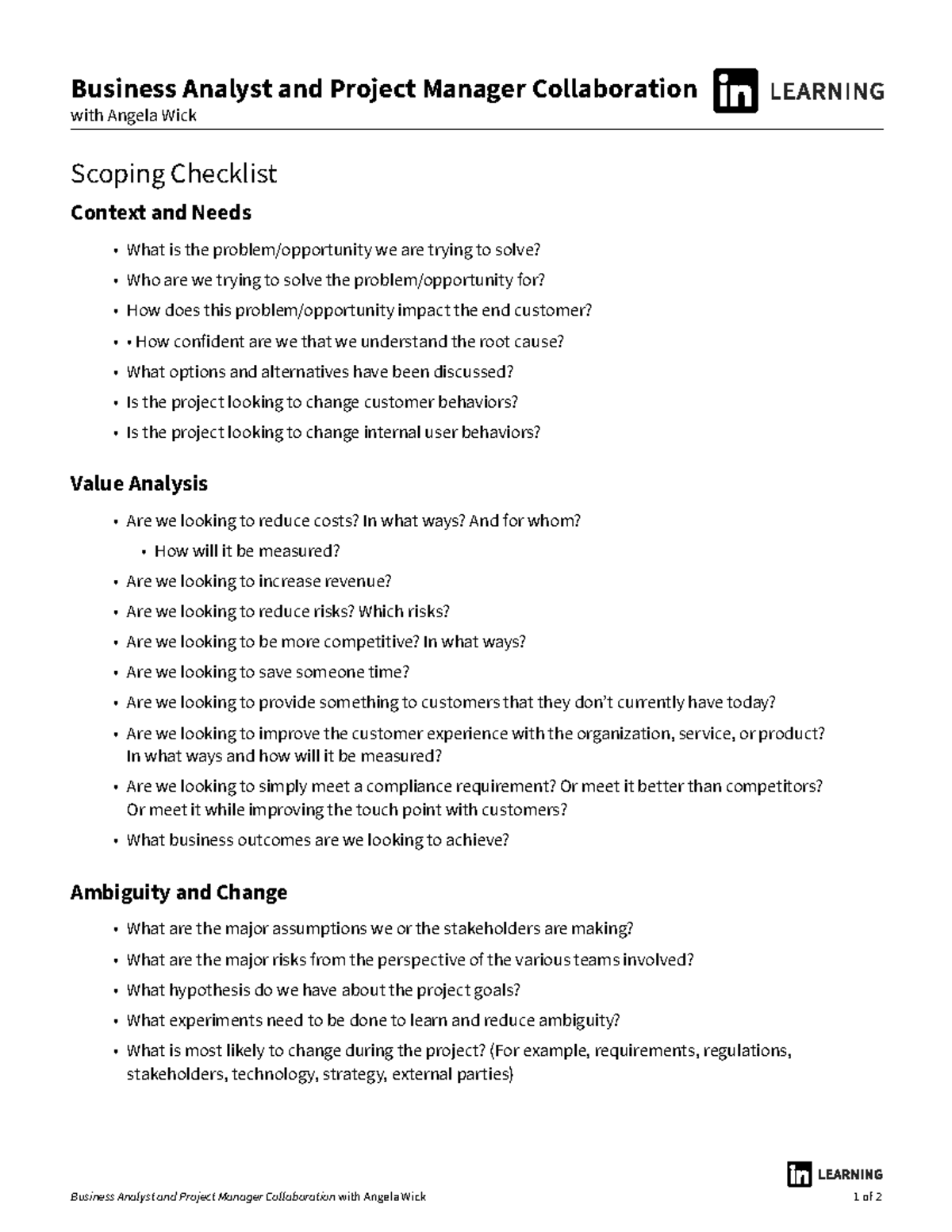 Scoping Checklist - Business Analyst and P roject M anager ...