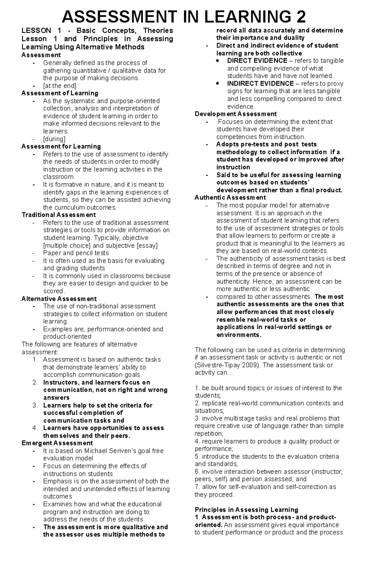 Assessment in Learning 2 - LESSON 1 - Basic Concepts, Theories Lesson 1 and Principles in ...