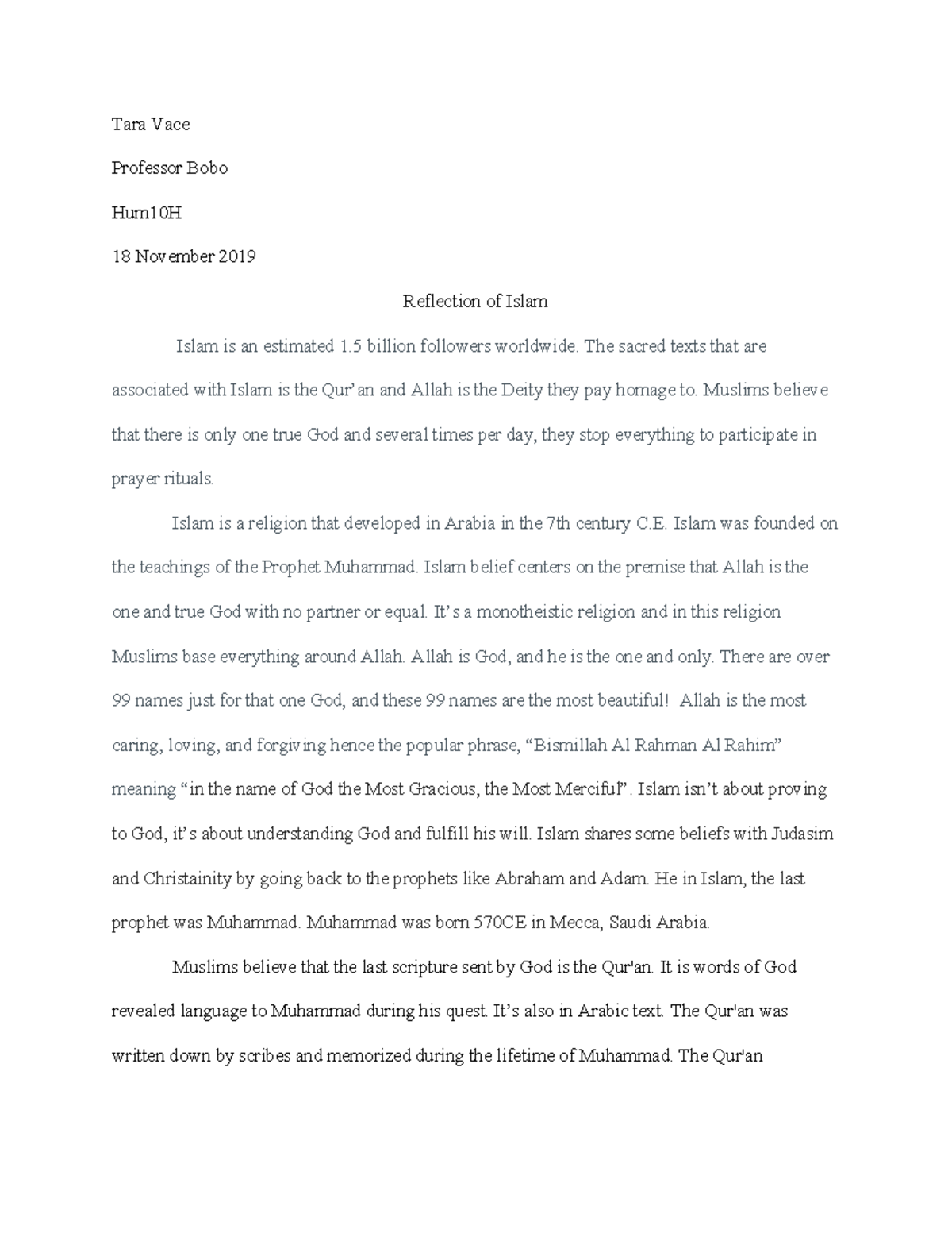 Islam reflection Of Overview 2019 ERA - Tara Vace Professor Bobo Hum10H ...