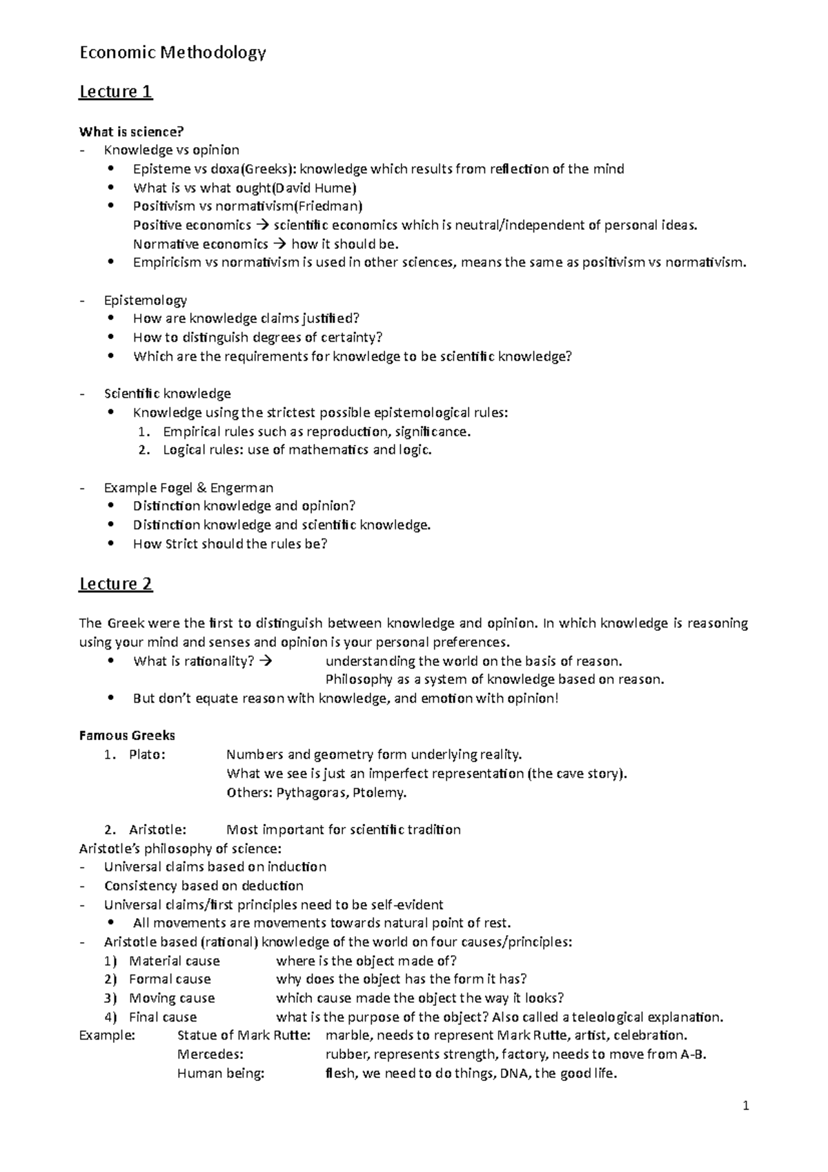 Economic Methodology - Summary - lectures - Summary - lecture 1 - 14 ...