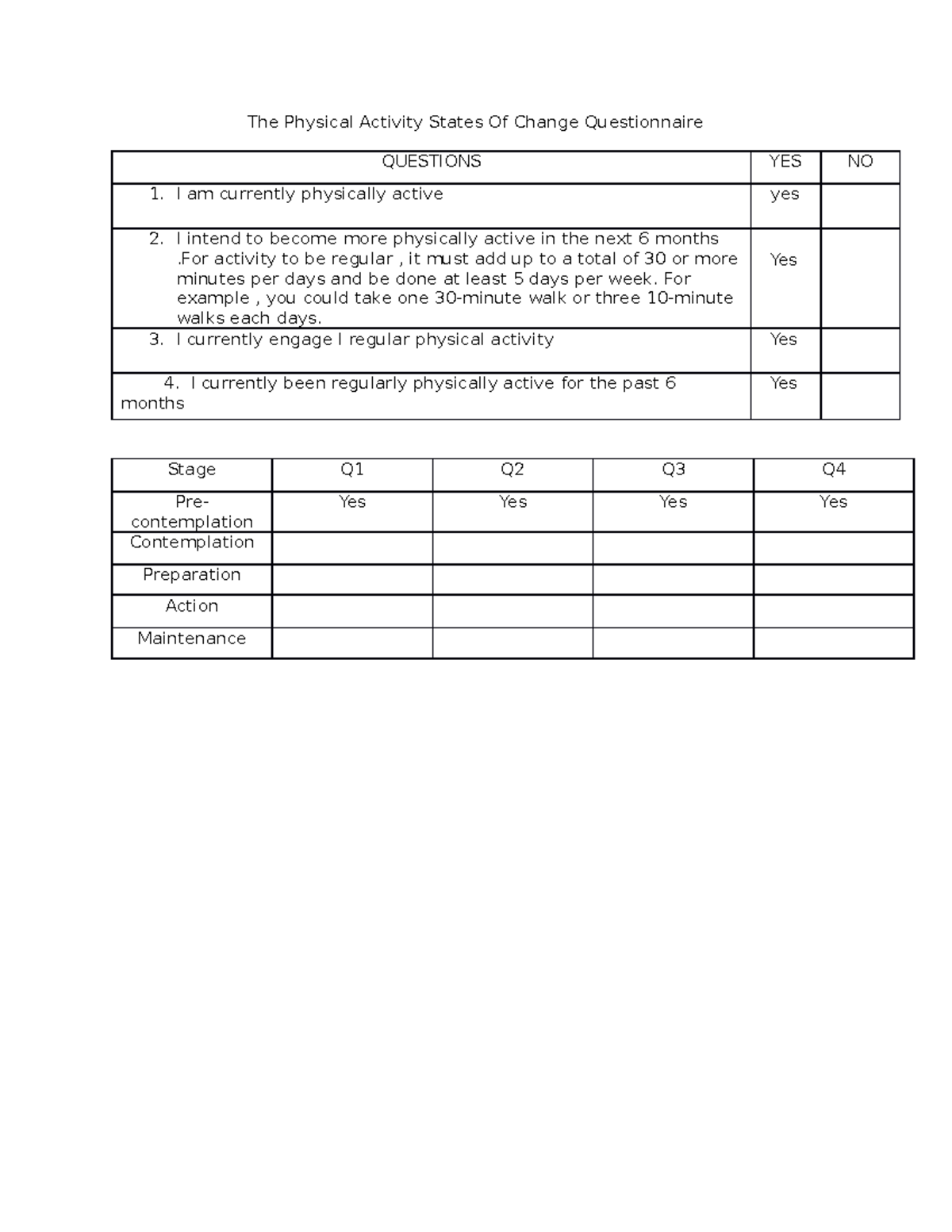 The Physical Activity States Of Change Questionnaire - For activity to ...