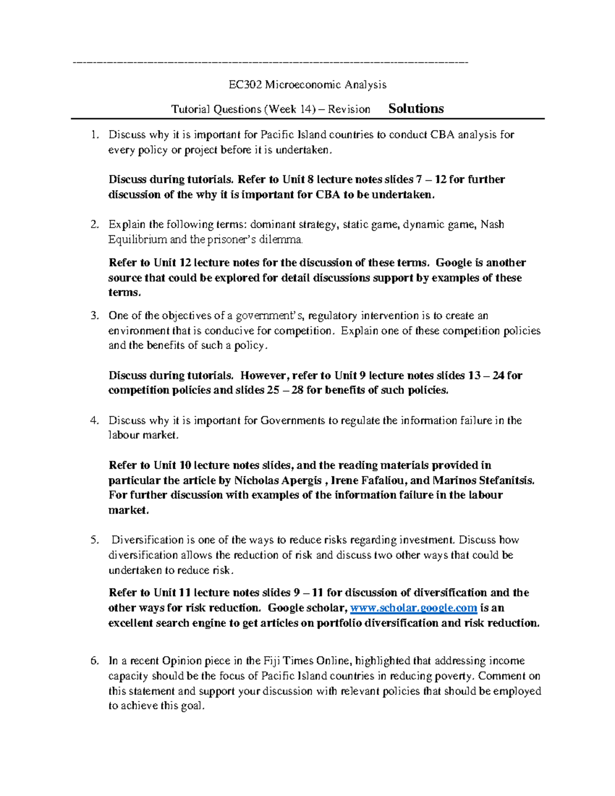 EC302 Tutorial Questions Week 14 Solutions - EC302 Microeconomic Analysis Tutorial Questions ...