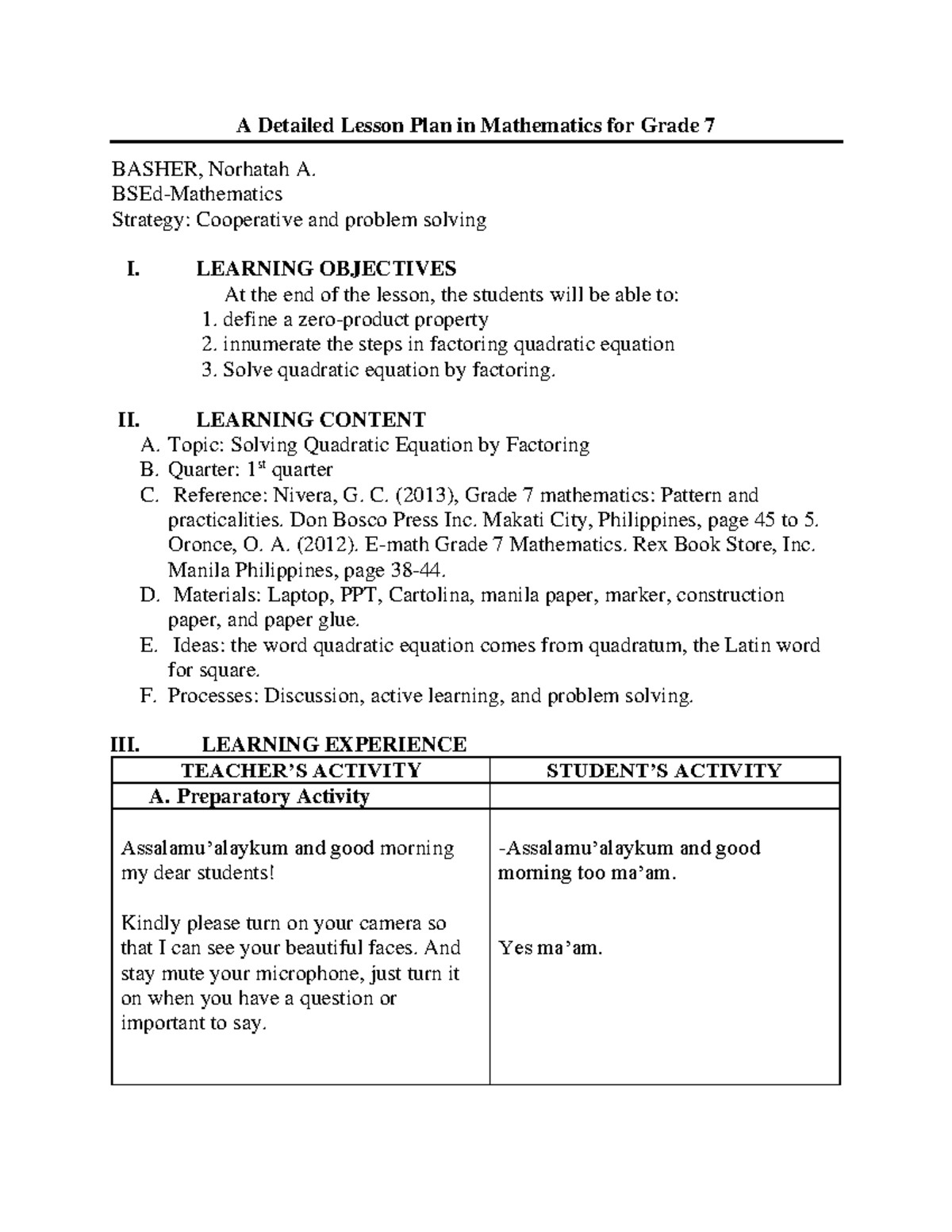 DTL - Modified Face to face - A Detailed Lesson Plan in Mathematics for ...