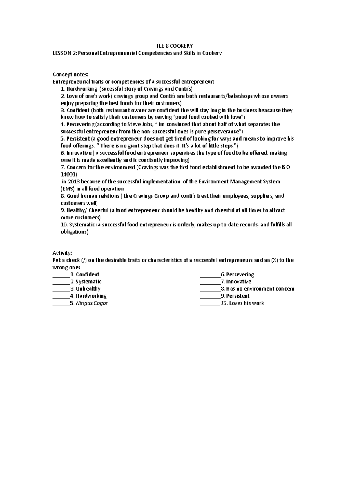 Lesson 2-TLE 8 Cookery - TLE 8 COOKERY LESSON 2: Personal ...