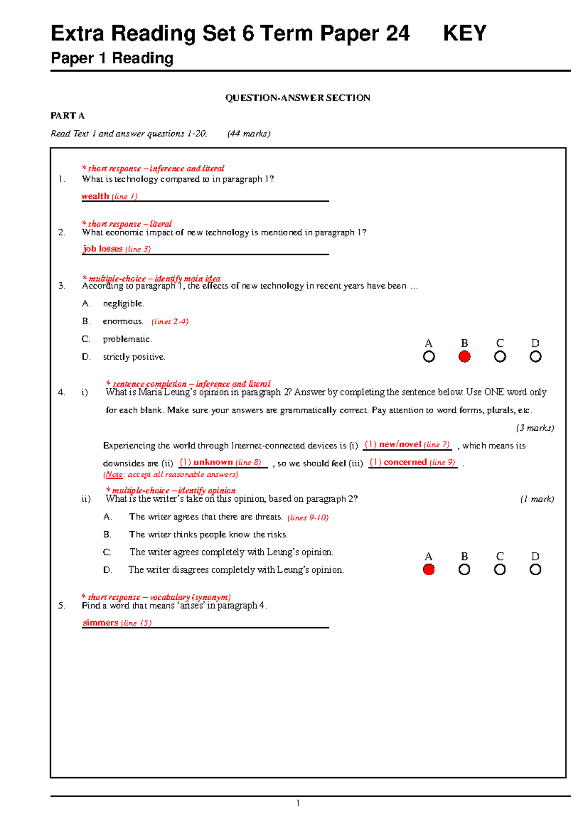 Extra Reading Set 6 (Term Paper 24) Key - Paper 1 Reading QUESTION ...