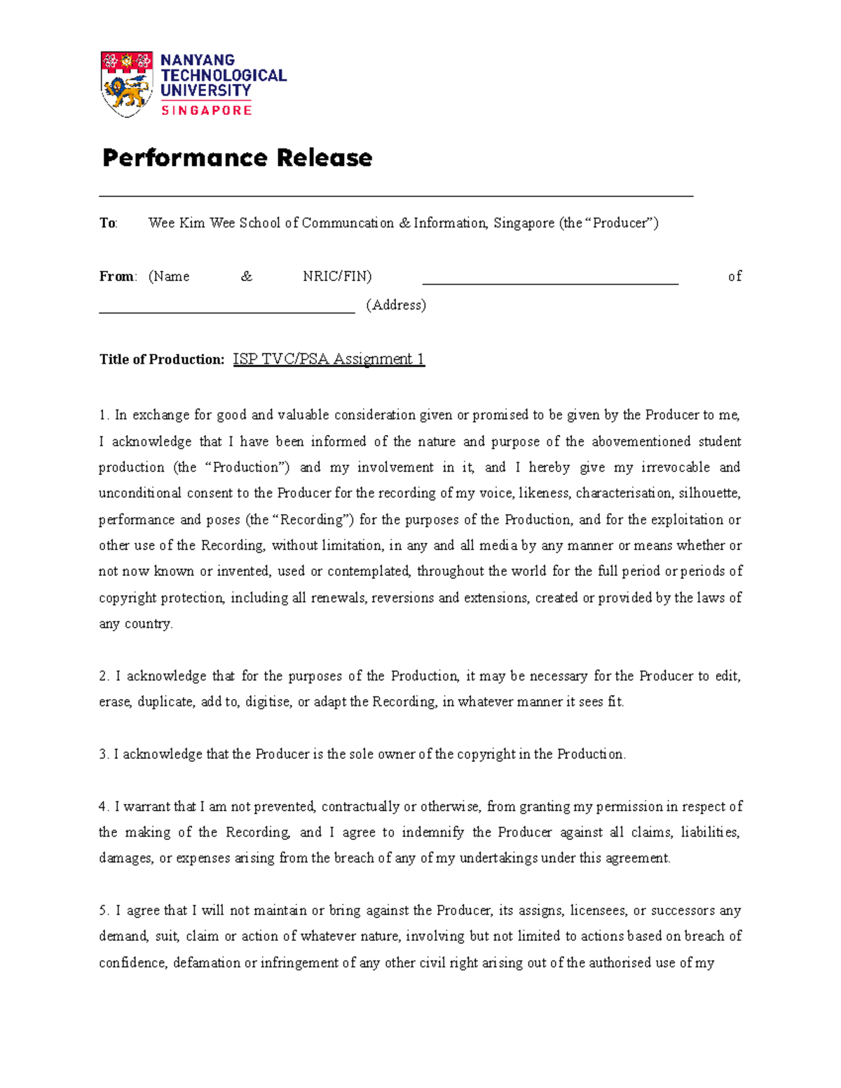 Performance Release Form - Performance Release - Studocu