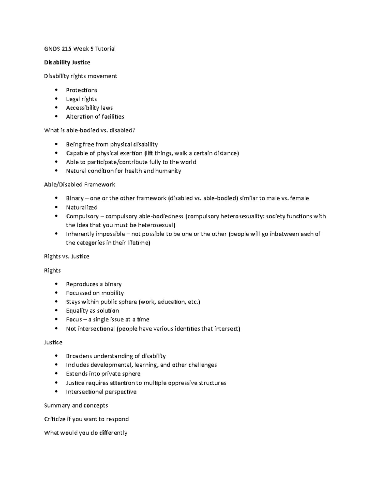 GNDS 215 Week 9 Tutorial - GNDS 215 Week 9 Tutorial Disability Justice ...