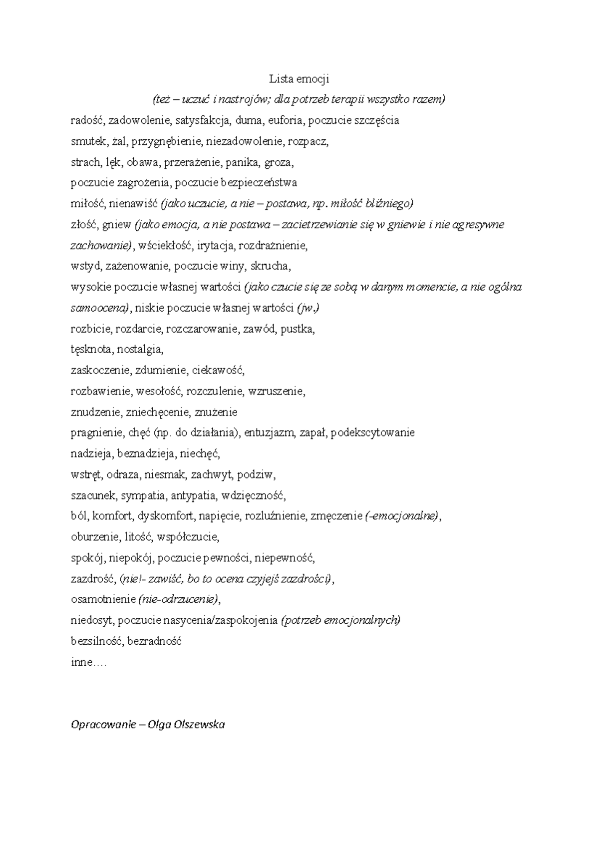 Lista emocji - Lista emocji (też – uczuć i nastrojów; dla potrzeb ...