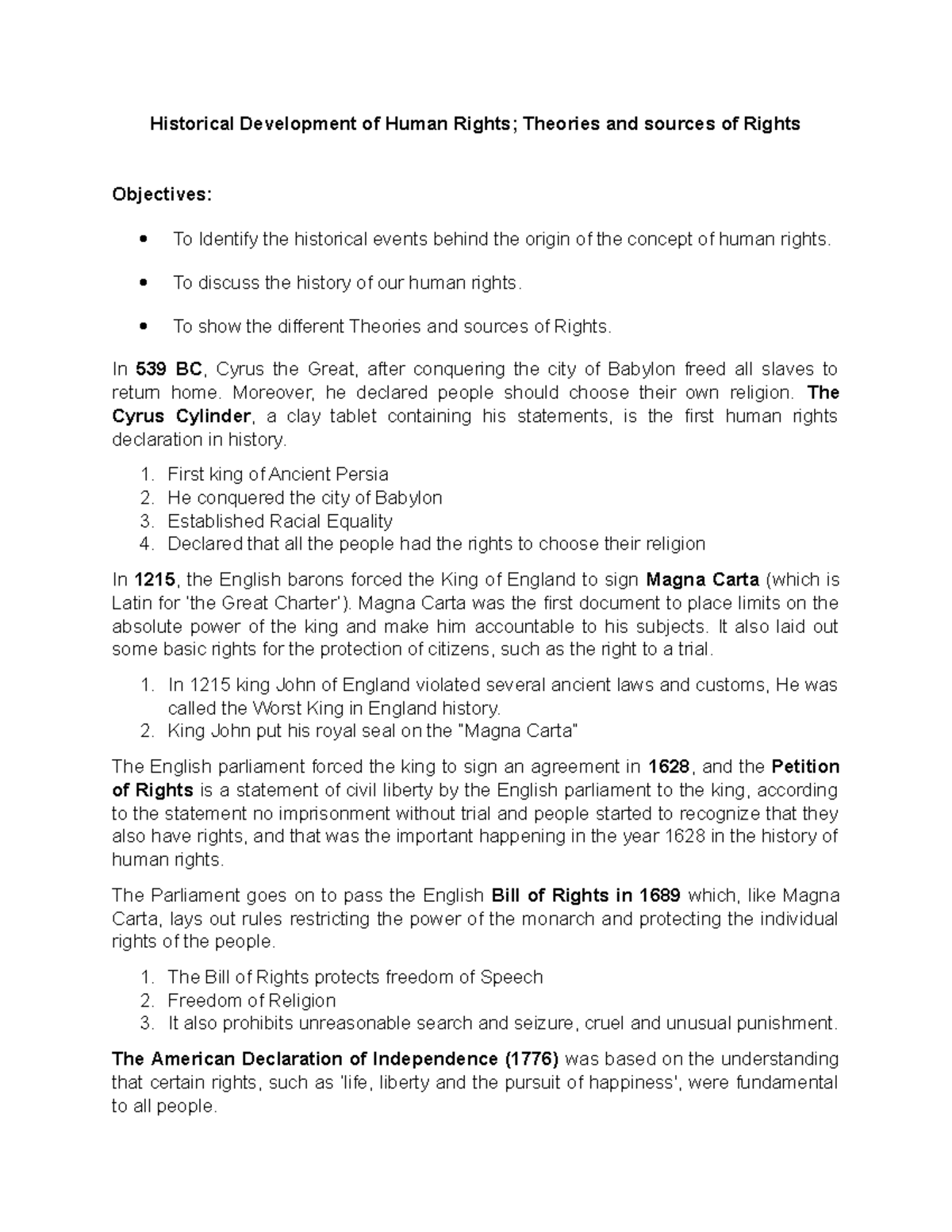 Historical Development of Human Rights Theories and sources of Rights ...