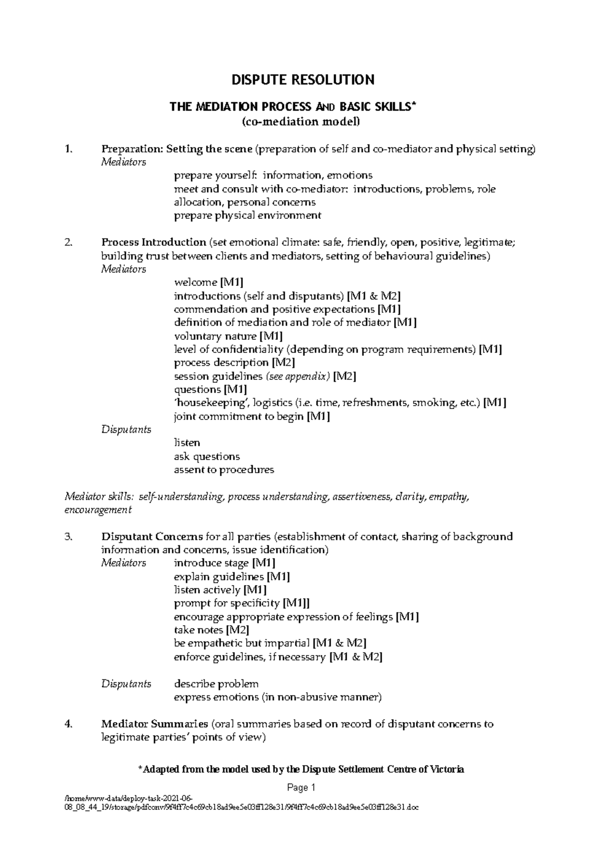 Mediation Process Sheet - DISPUTE RESOLUTION THE MEDIATION PROCESS AND ...
