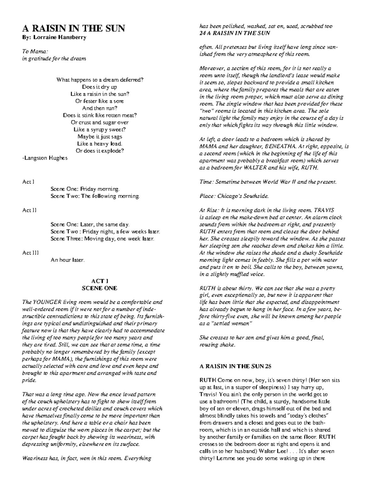 Raisin SUN ACT 1 Scene 1 - A RAISIN IN THE SUN By: Lorraine Hansberry ...