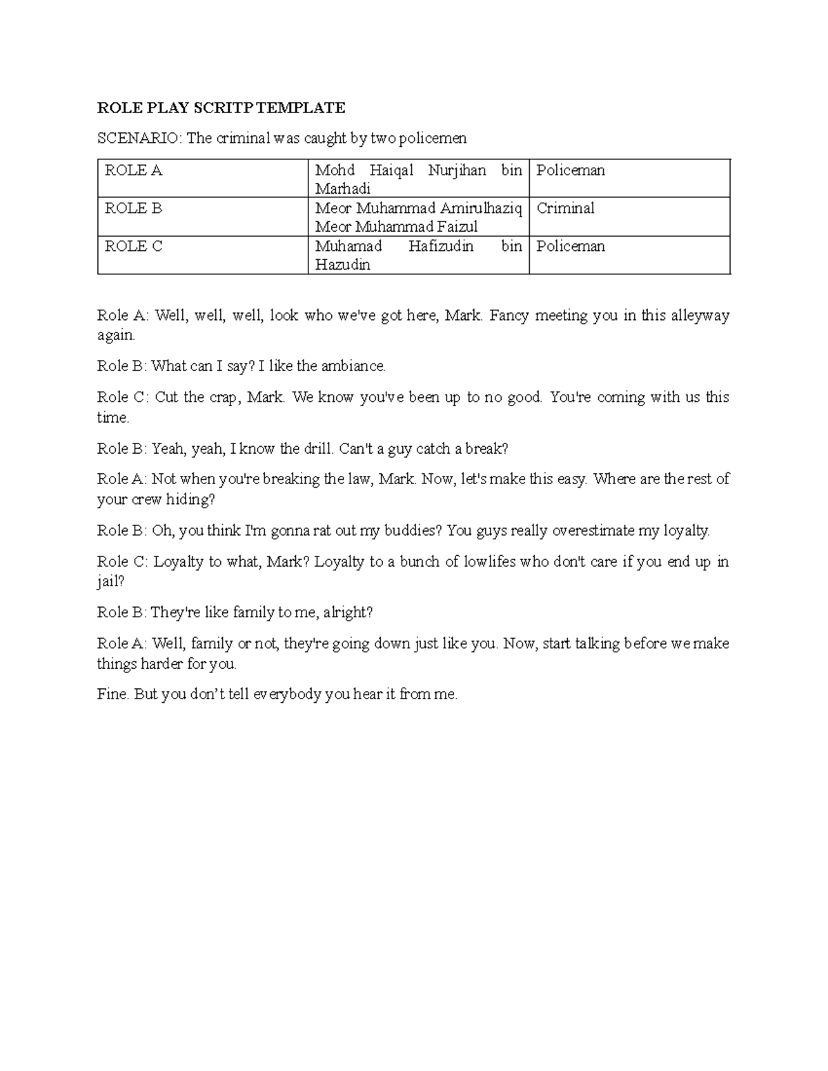 Scirpt Roleplay - essay - ROLE PLAY SCRITP TEMPLATE SCENARIO: The ...