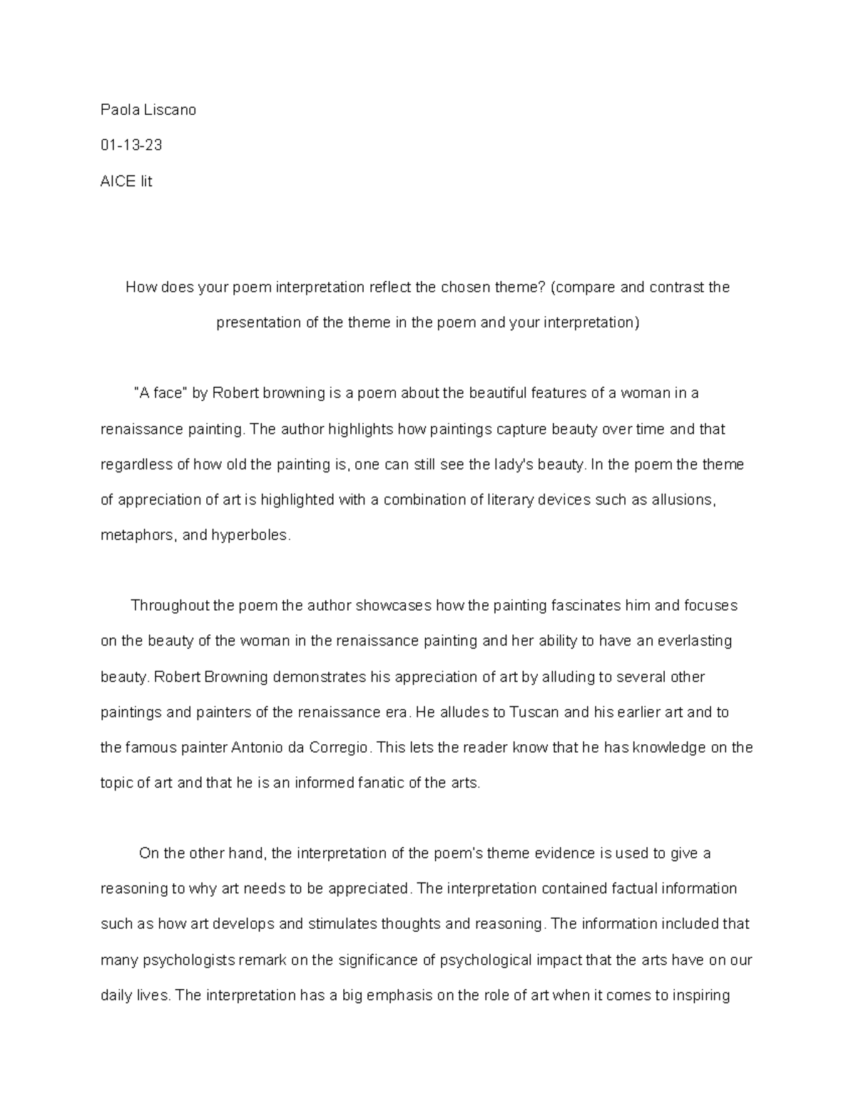 Essay AICE lit - Paola Liscano 01-13- AICE lit How does your poem ...