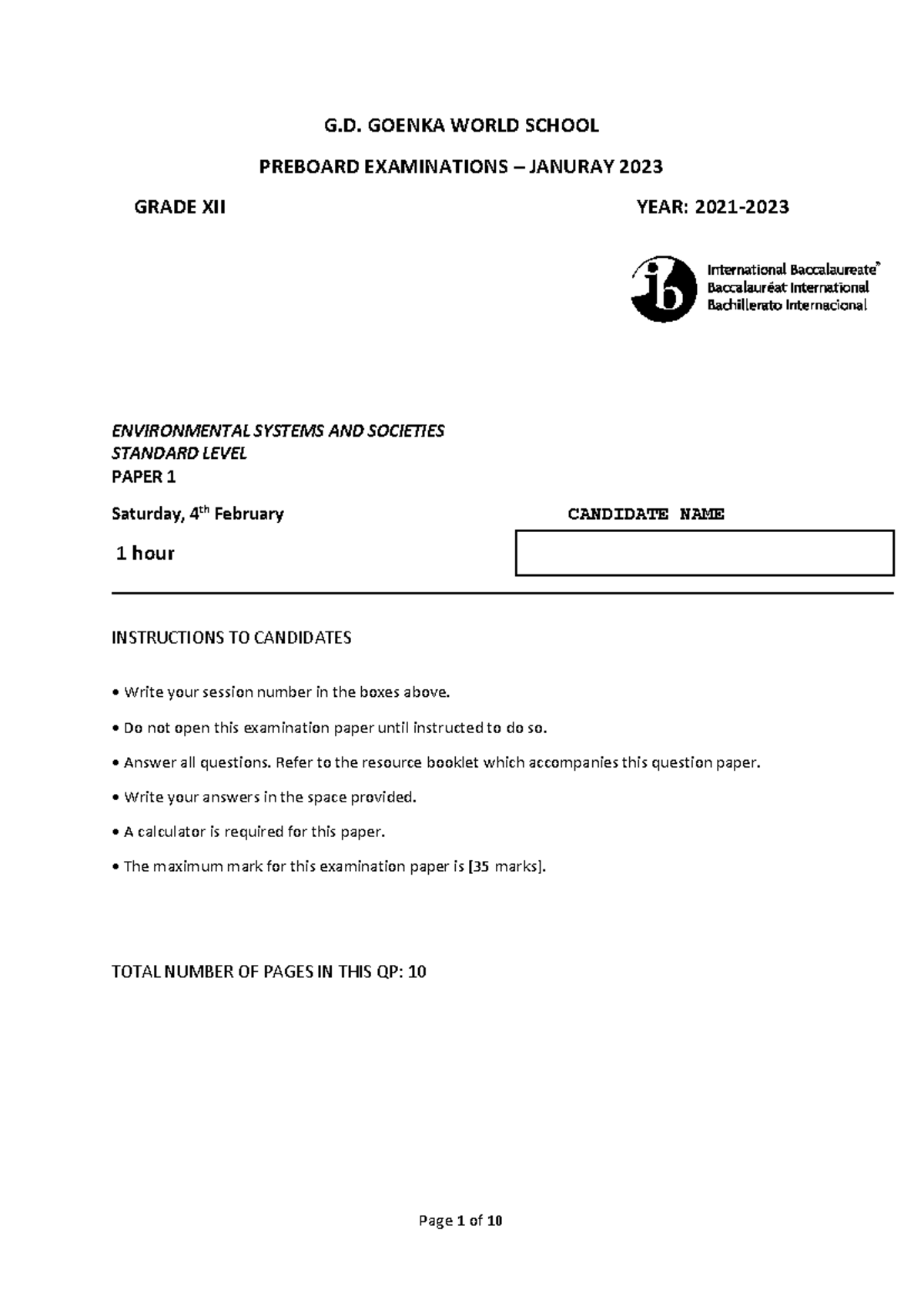 ESS paper 1 preboard - ess practice - G. GOENKA WORLD SCHOOL PREBOARD ...
