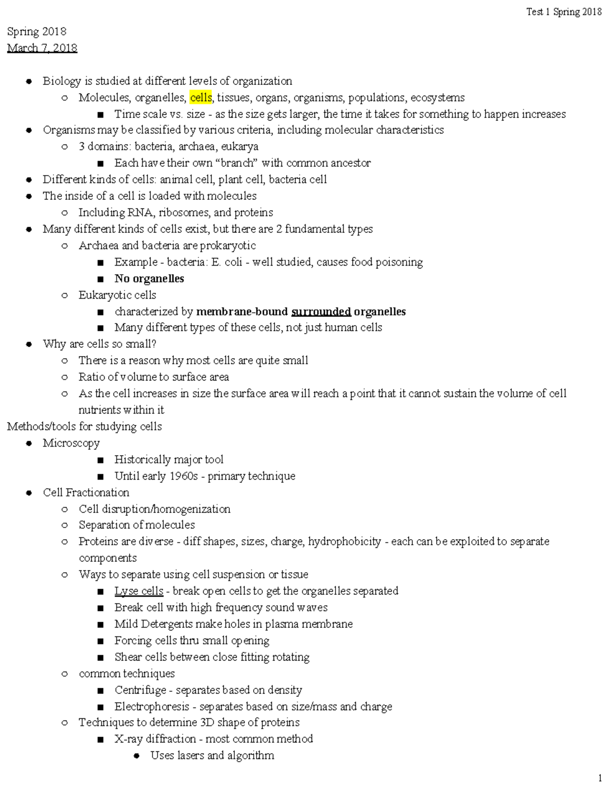 Cell Biology Lecture Notes - Test 1 - Test 1 Spring 2018 Spring 2018 ...