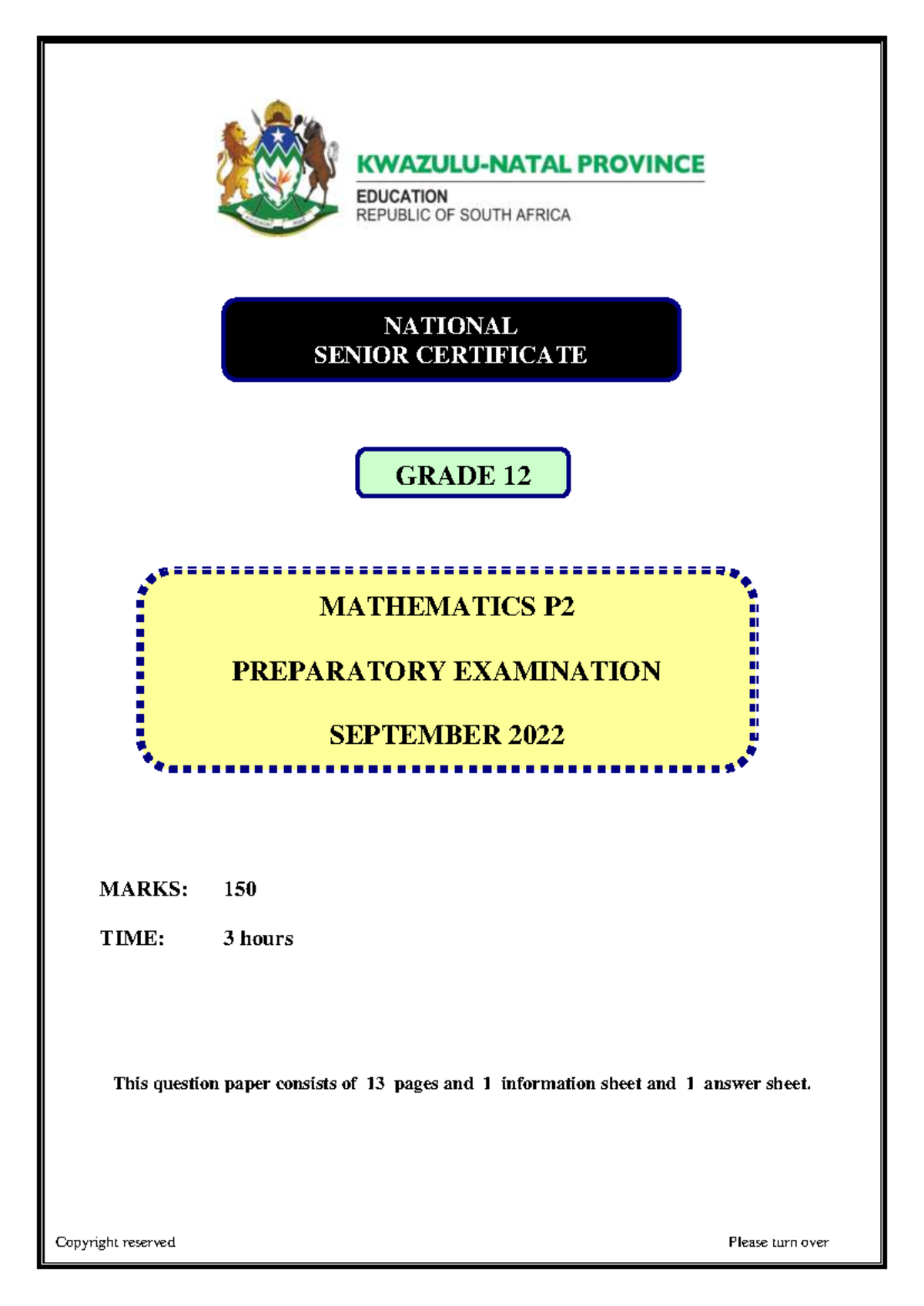 Gr 12 Maths KZN Sept 2022 P2 (Eng) - ####### MARKS: 150 ####### TIME: 3 ...