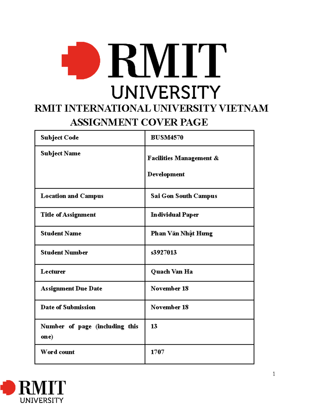 Hotel Report-Phan Văn Nhật Hưng-S3927013 - RMIT INTERNATIONAL ...